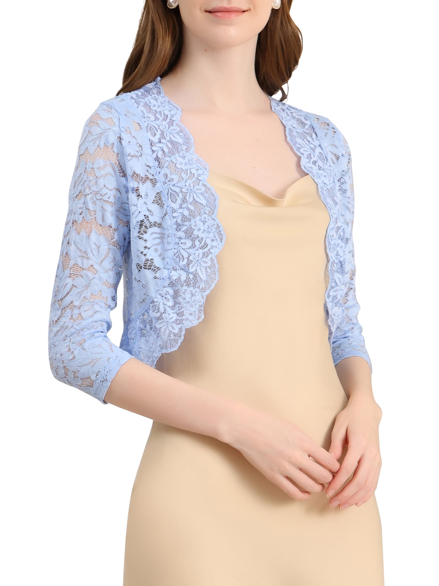 Allegra K Womens Shrug 3 4 Sleeve Sheer Lace Floral Open Front