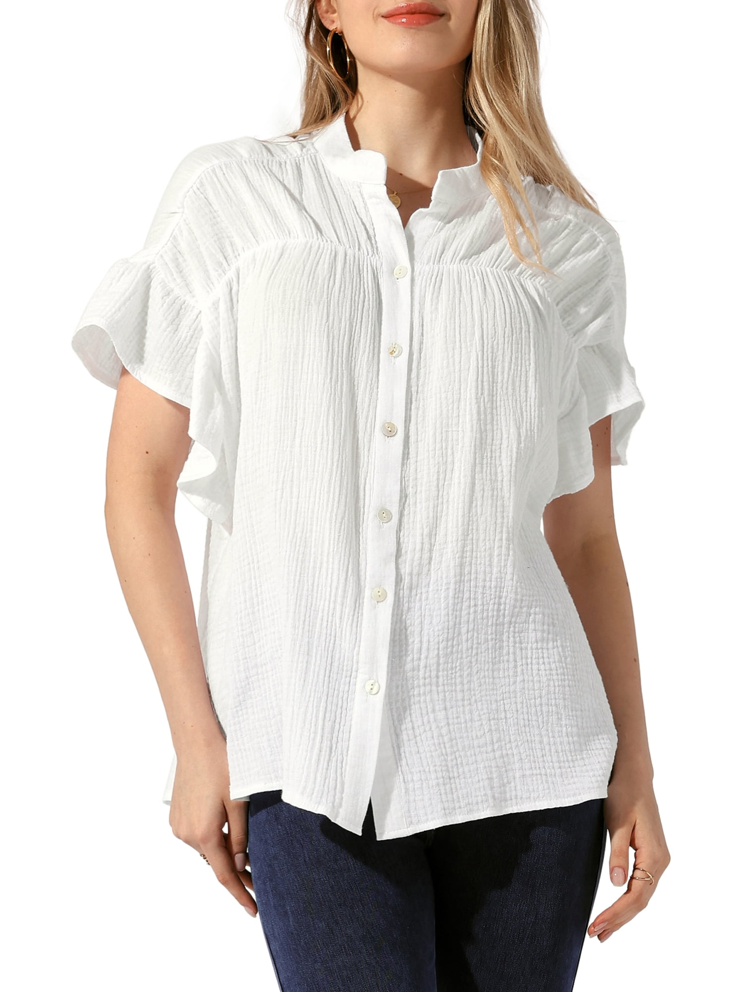 INSPIRE CHIC Women's Casual Button Up Textured Ruffle Sleeve Blouses ...