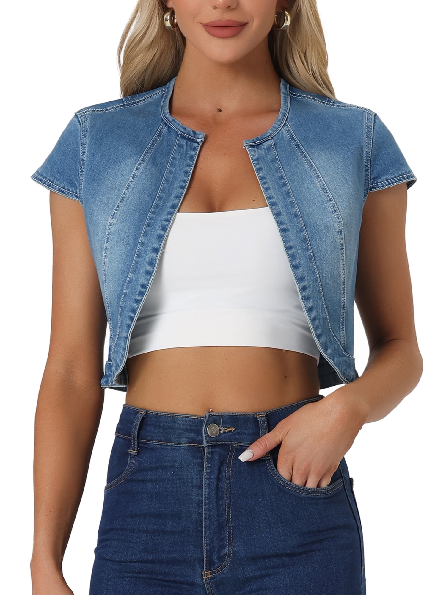 INSPIRE CHIC Women's 2023 Crop Denim Cap Sleeve Slim Fit Summer Jean ...