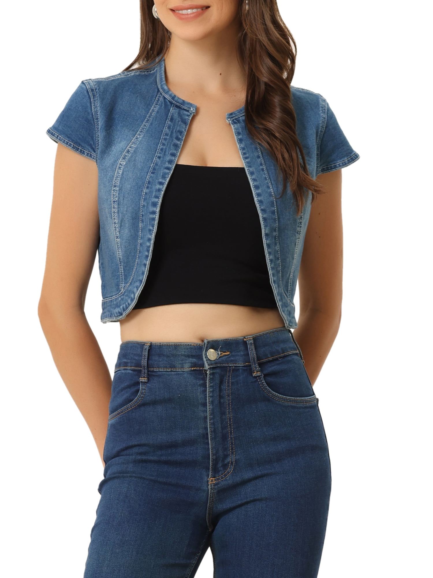 INSPIRE CHIC Women's 2023 Crop Denim Cap Sleeve Slim Fit Summer Jean ...