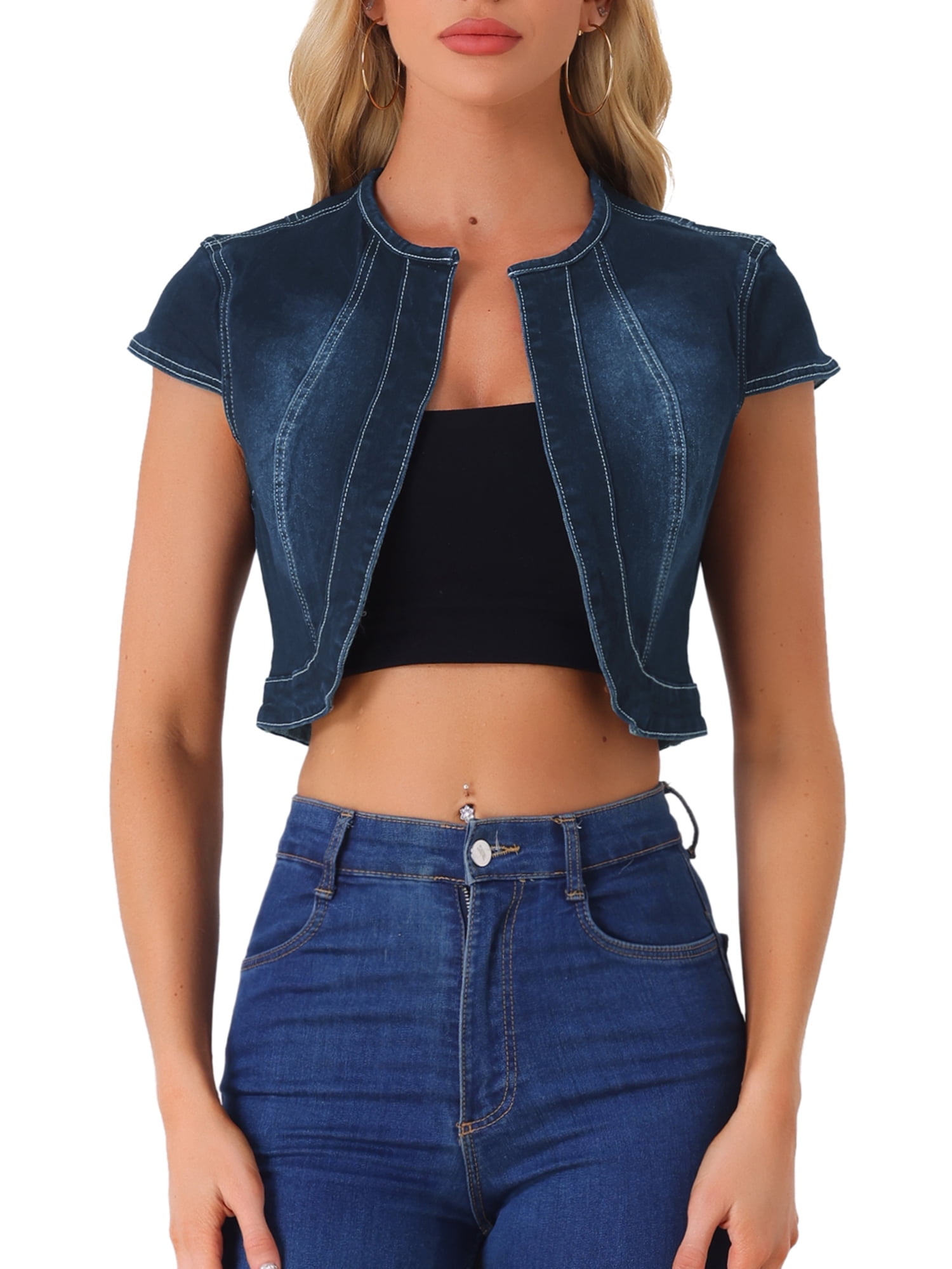 INSPIRE CHIC Women's 2023 Crop Denim Cap Sleeve Slim Fit Summer Jean ...