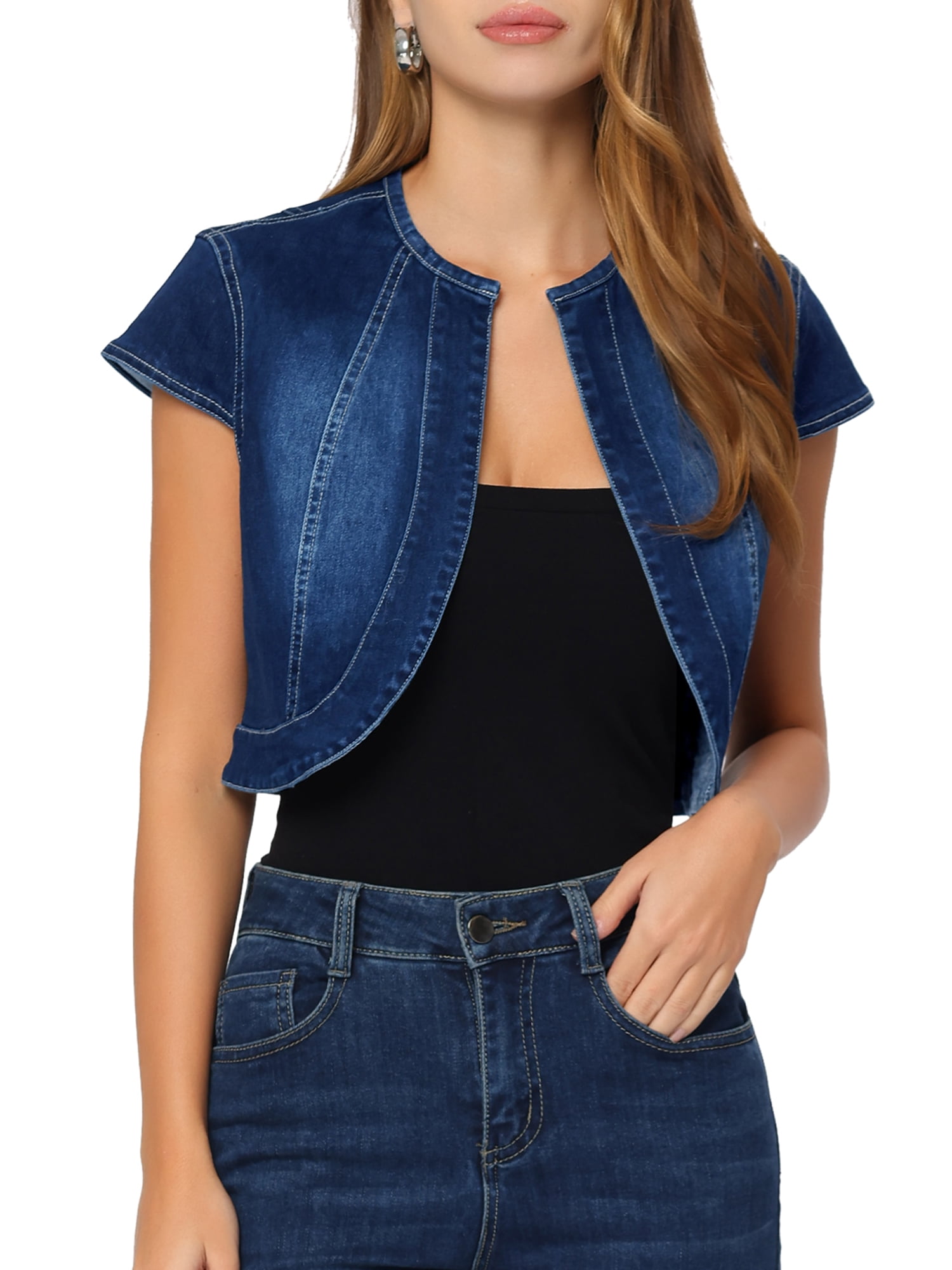 Allegra K Women's Casual Crop Denim Cardigan Slim Fit Cap Sleeve Jean ...