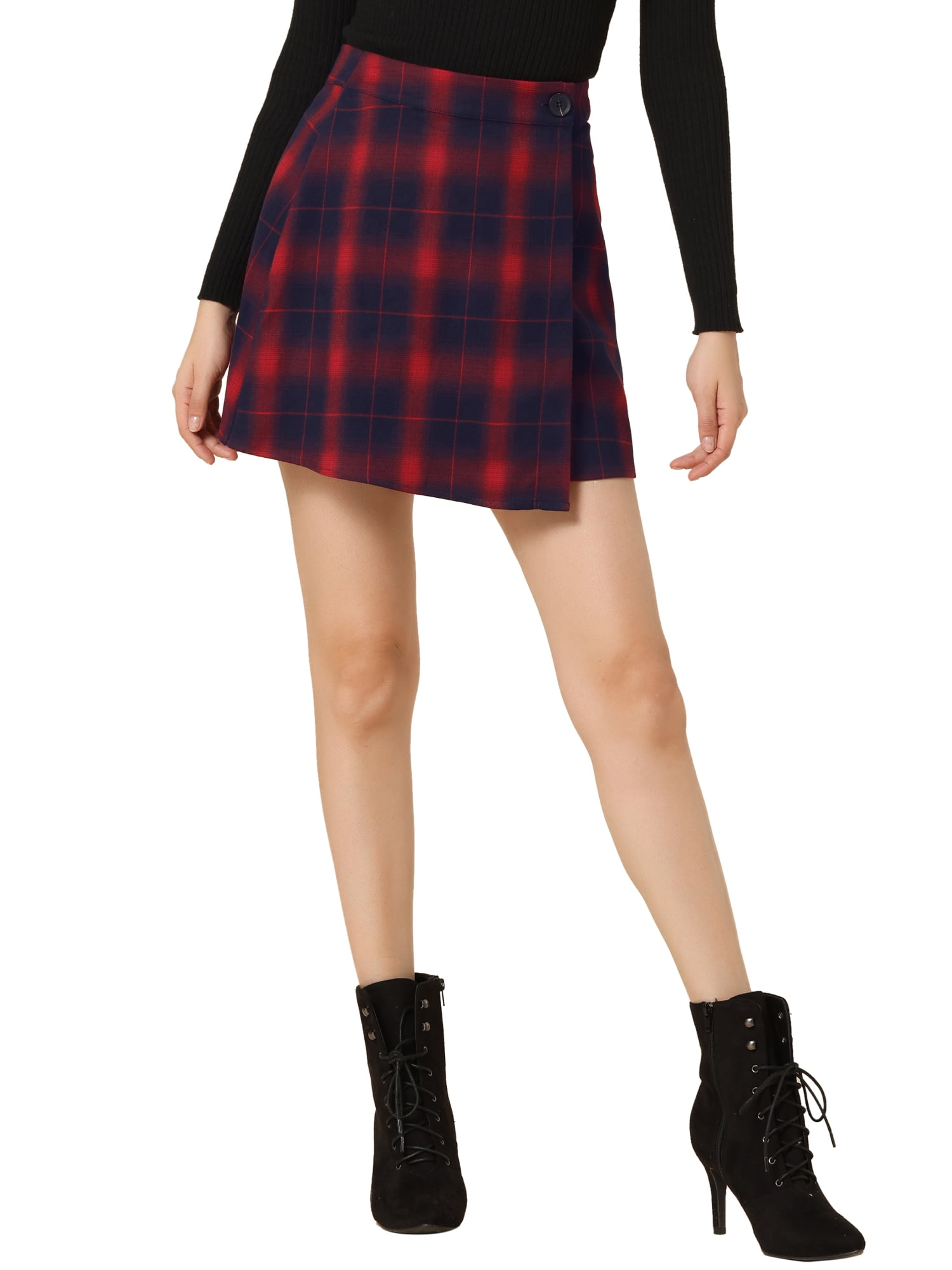 Allegra K Women's Christmas Casual High Waist Button Plaid Layers Mini ...