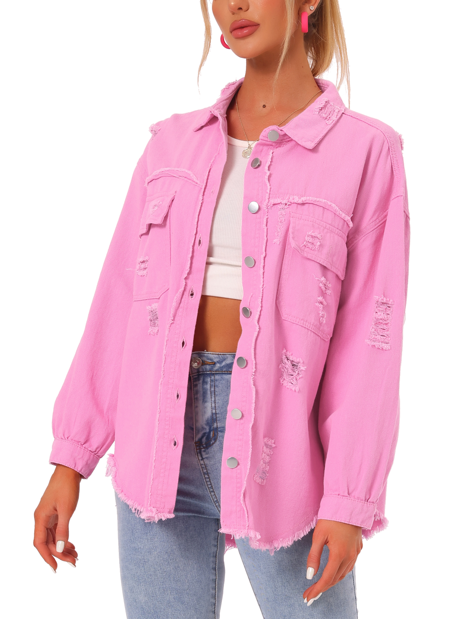 BOOMILK Women Long Pearl Beaded Denim Jacket Ripped Star Embroidered ...