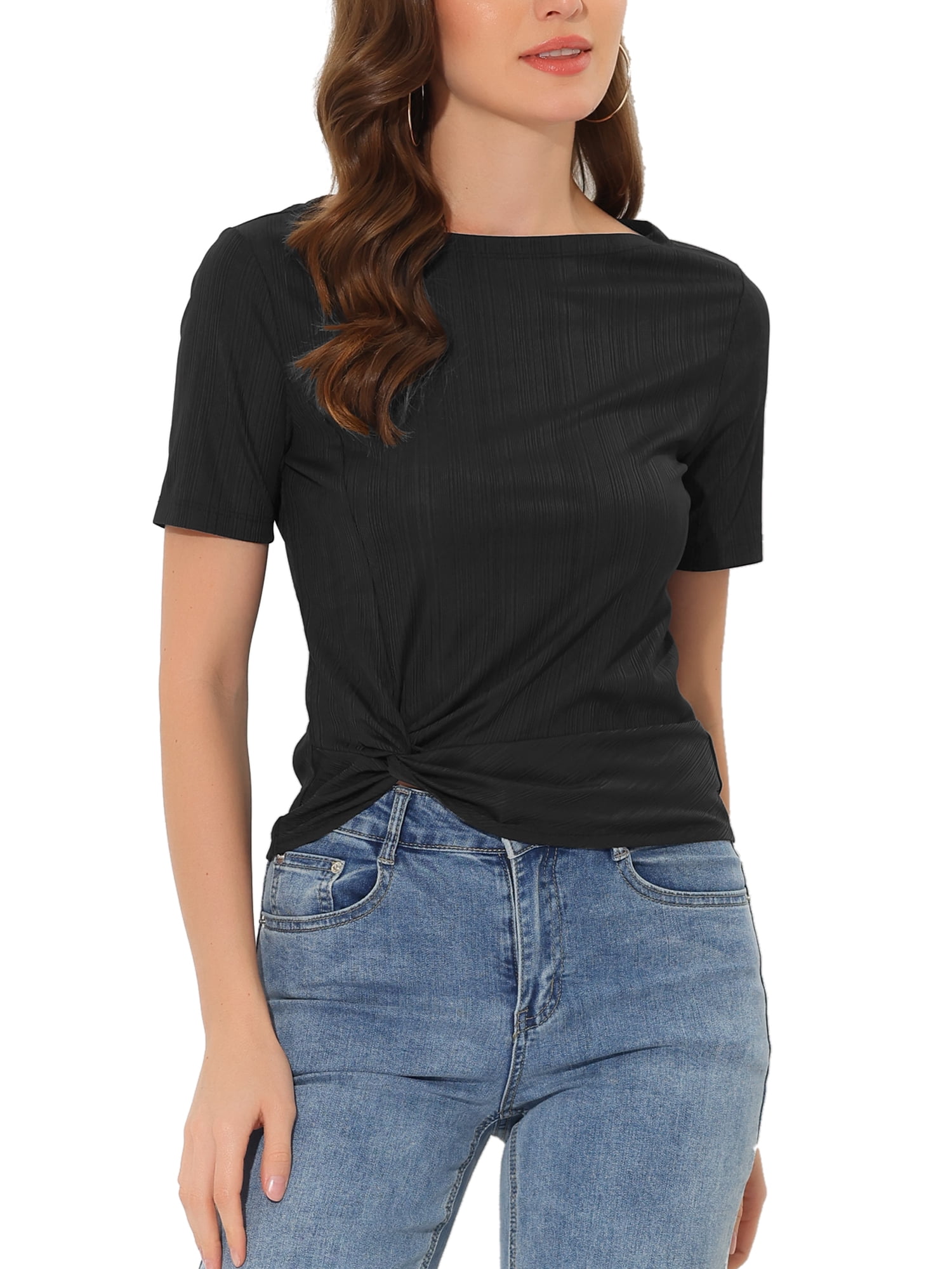 INSPIRE CHIC Women's Casual Round Neck Summer Crop Short Sleeve Twist ...