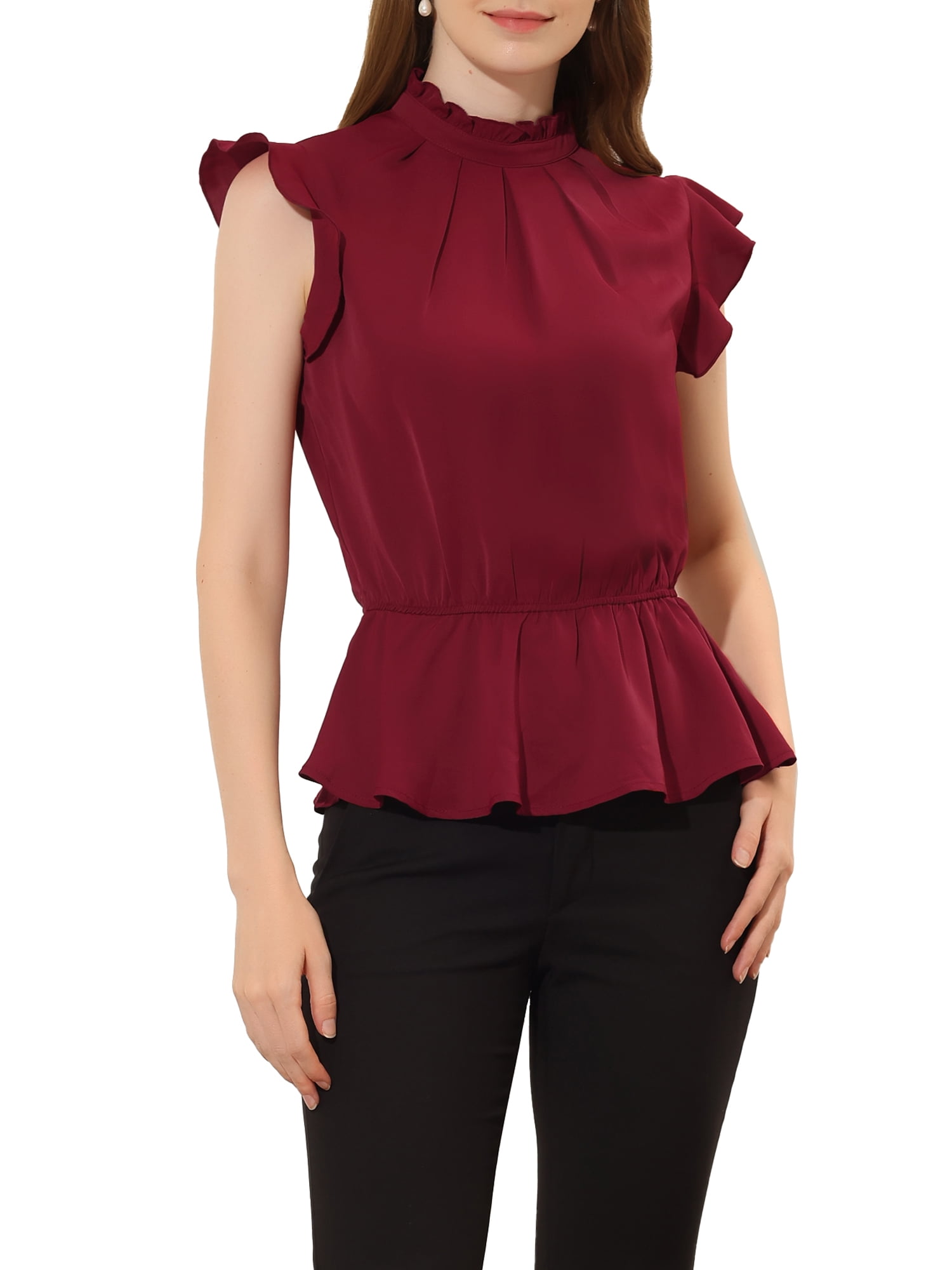 INSPIRE CHIC Women's Casual Ruffle Sleeve Pleated Frill Collar Peplum ...