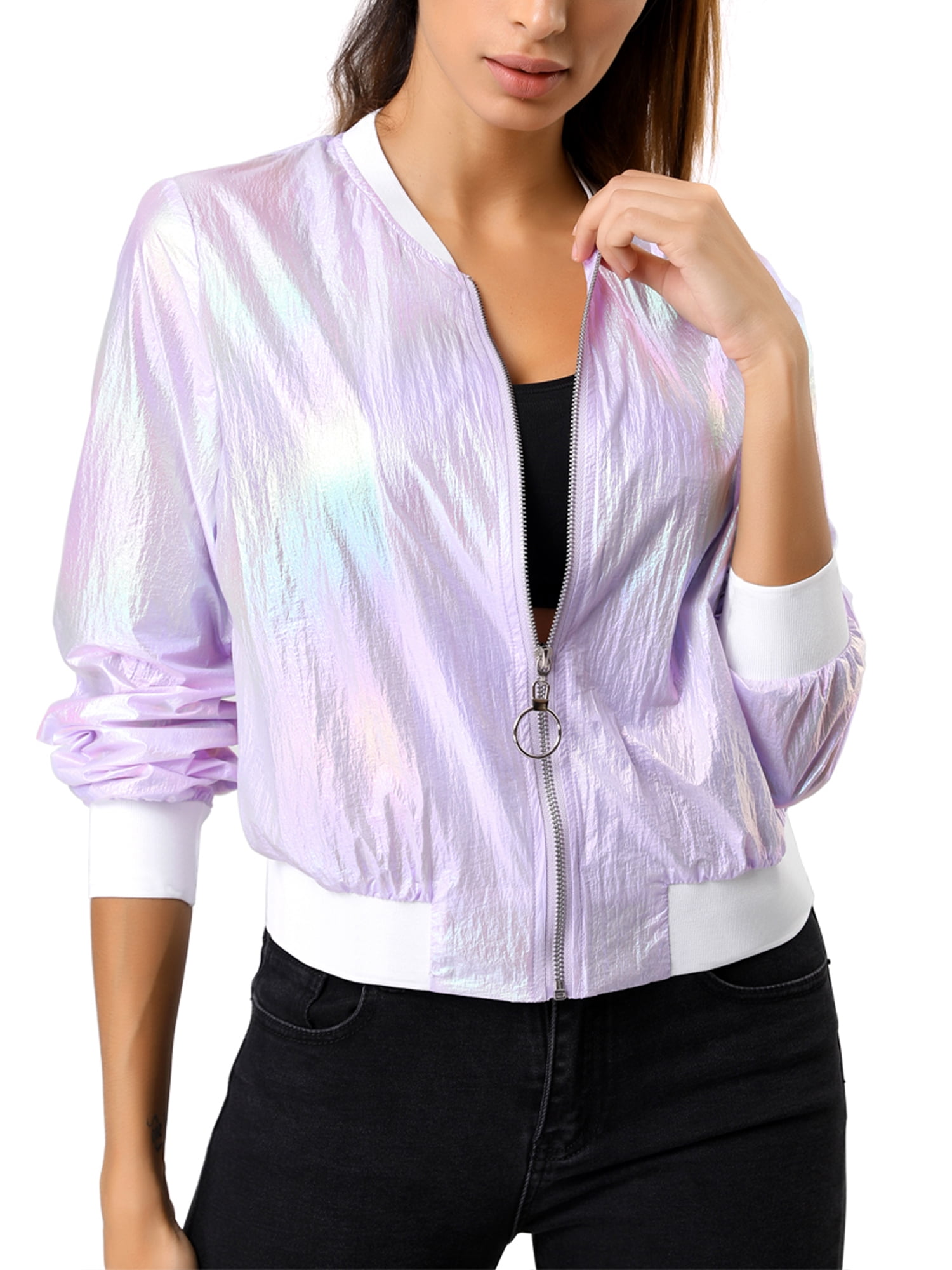 INSPIRE CHIC Women's Casual Stand Collar Metallic Zip Crop Length ...