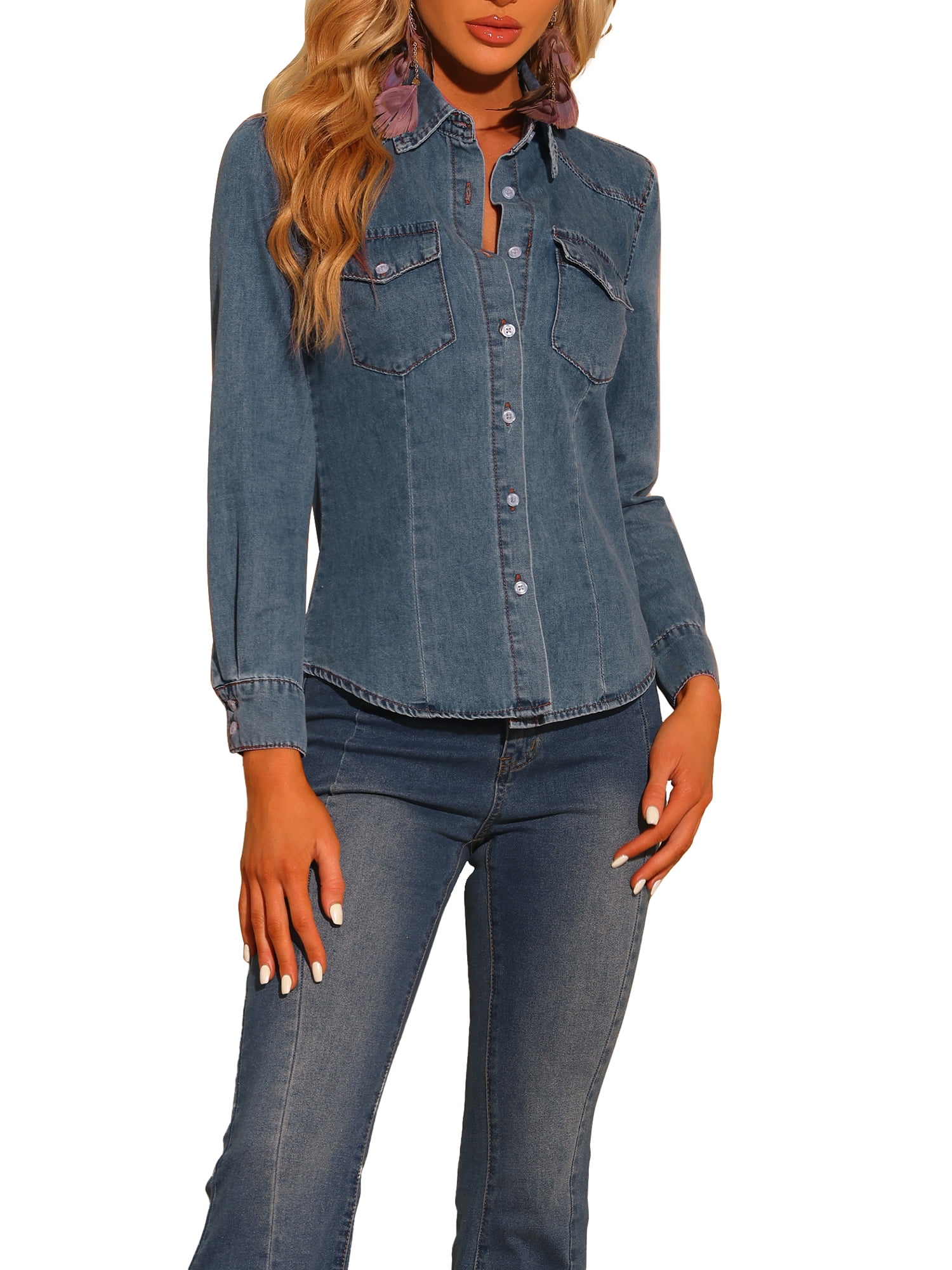 INSPIRE CHIC Women's Casual Turnover Collar Long Sleeve Buttton Down ...