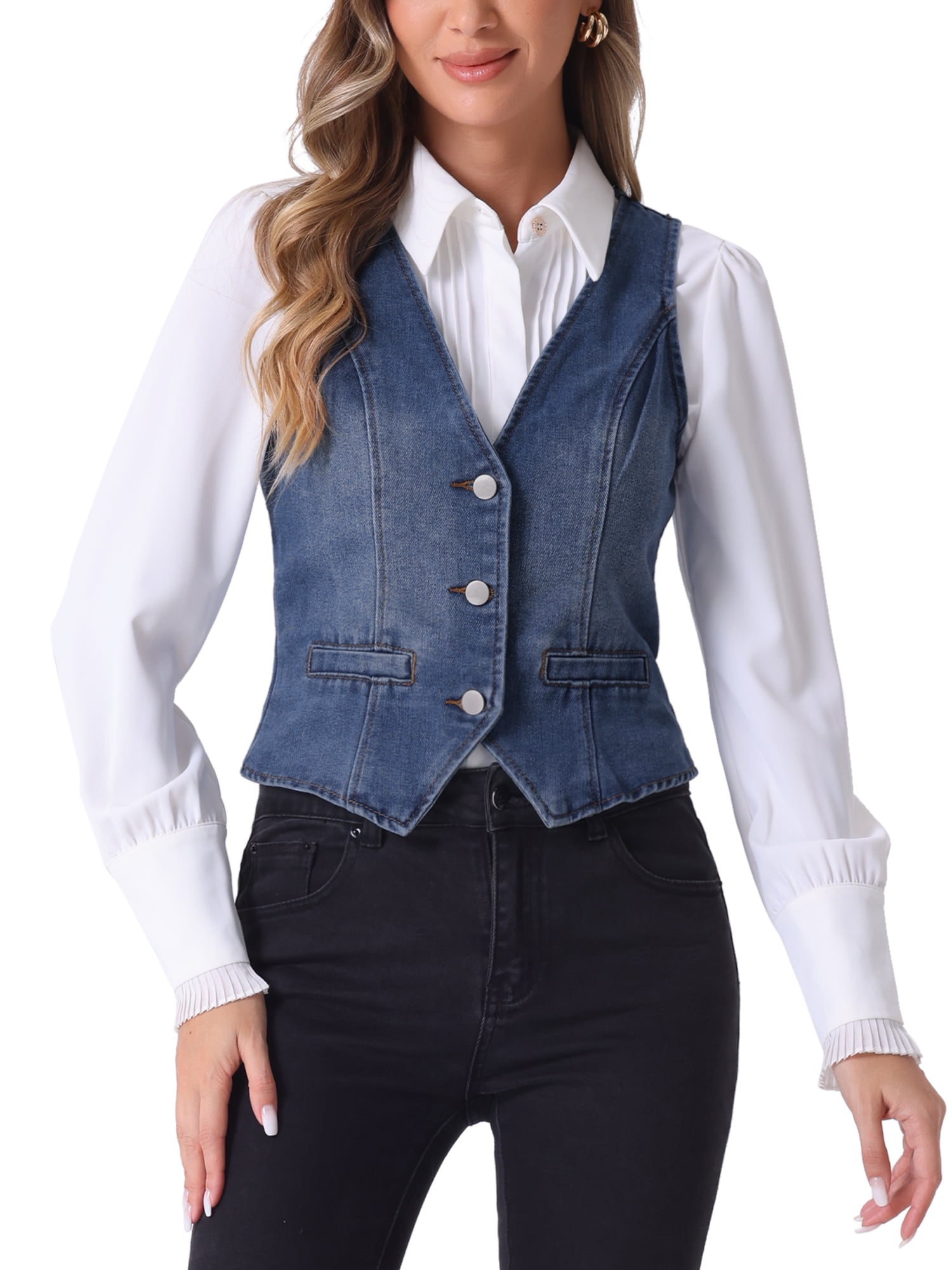 INSPIRE CHIC Women's Denim Vest V Neck Button Down Casual Jean ...