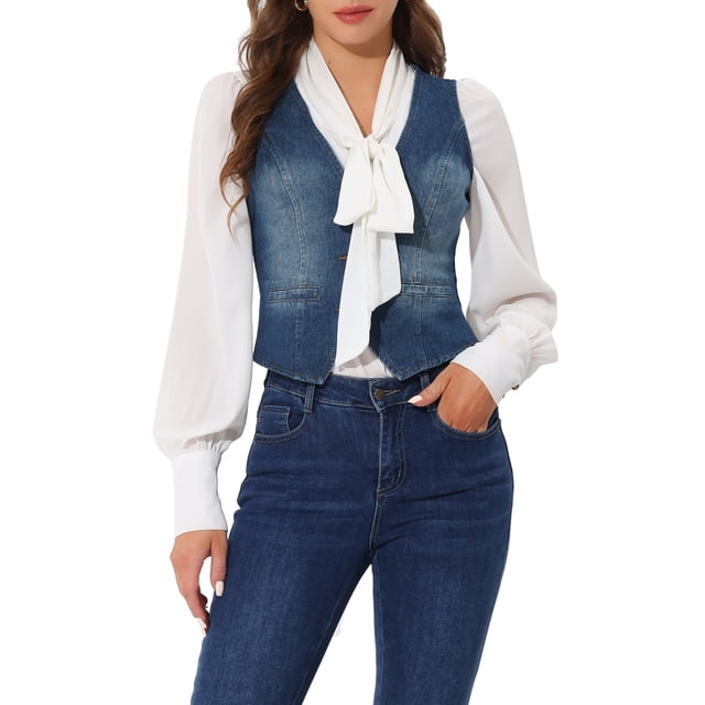 Allegra K Women's Casual V Neck Sleeveless Button Down Washed Denim ...
