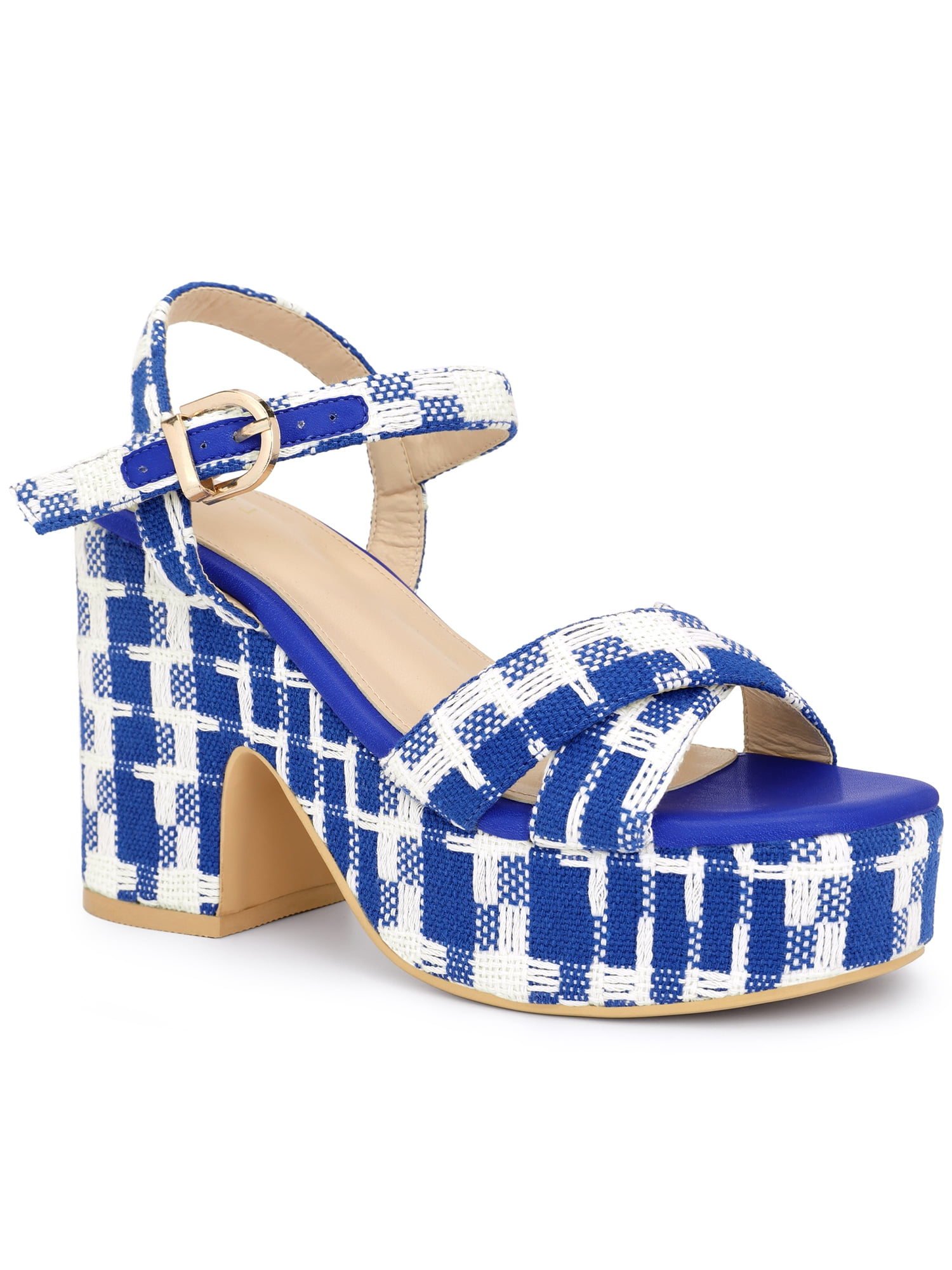 BLISSFUL STEP Women's Checkered Platform Heels Slingback Strap Block ...