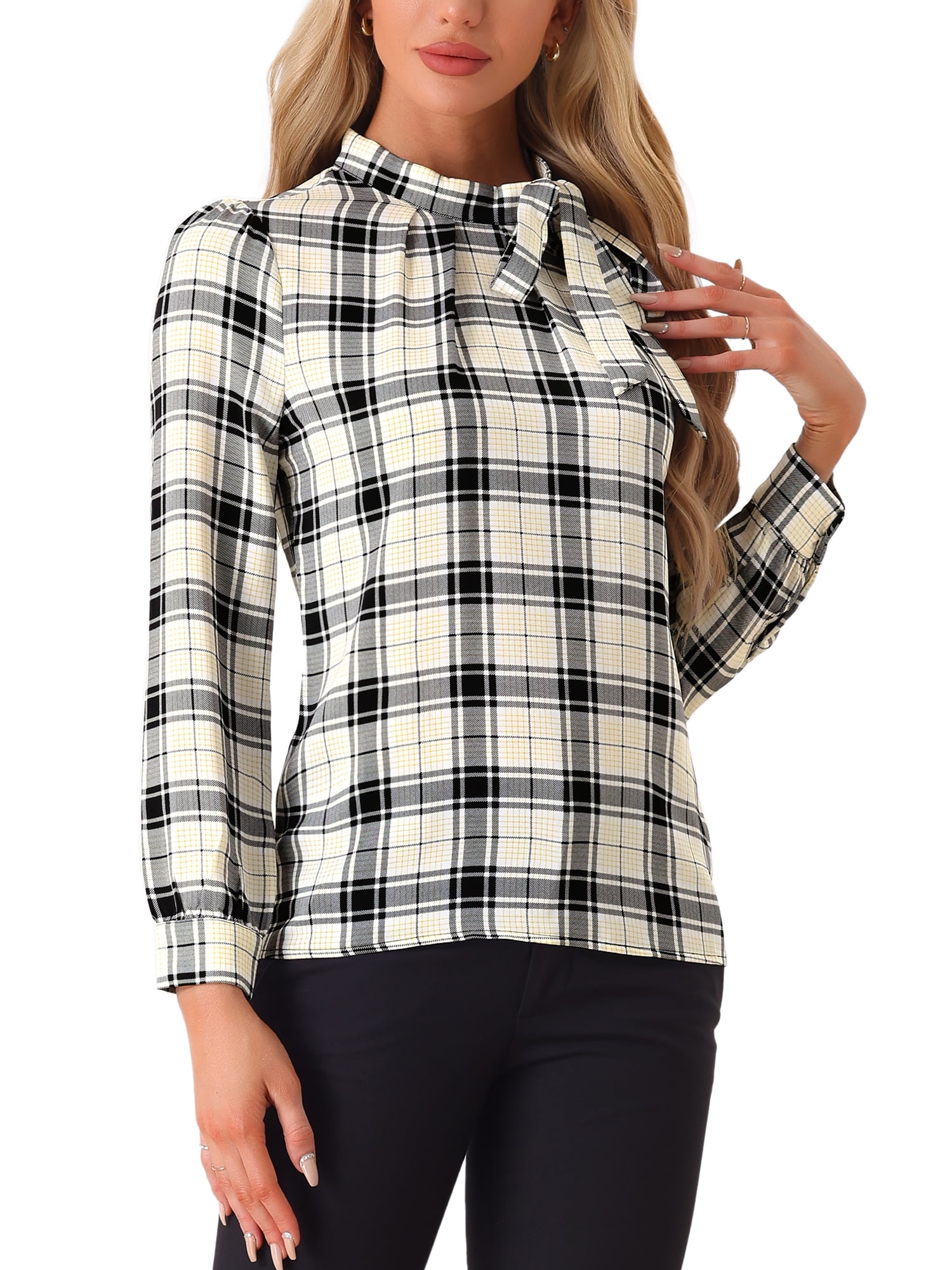 INSPIRE CHIC Women's Wear-to-Work Tops Checks Bow-Tie Neck Long Sleeve ...