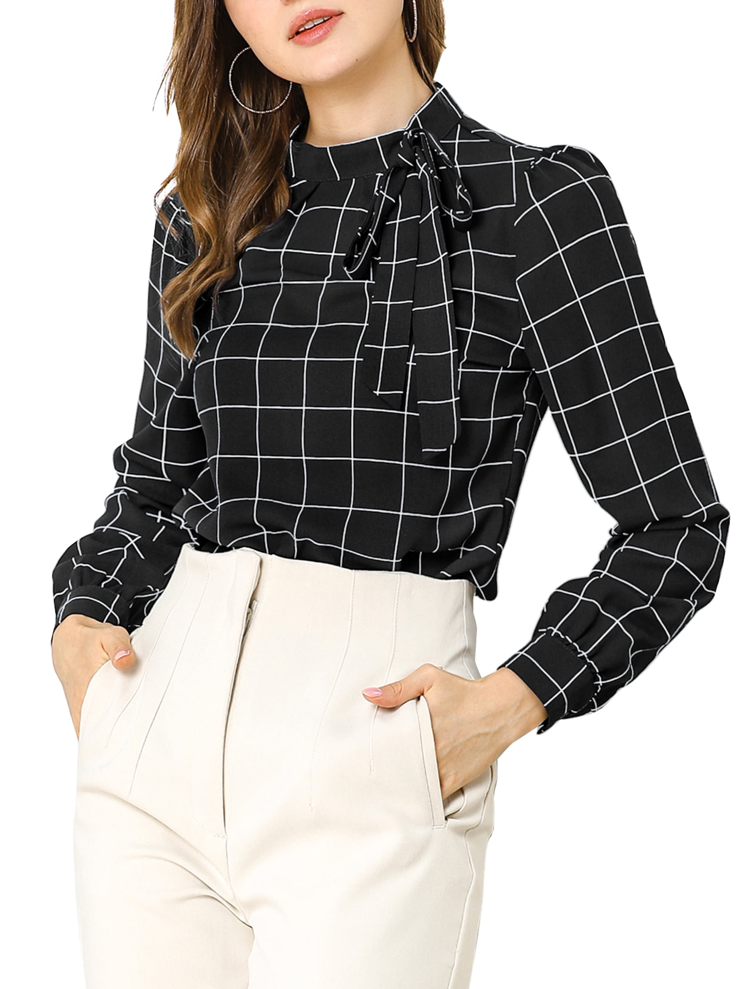Allegra K Women's Black Checks Bow Tie Neck Blouse, Office Work Tops ...