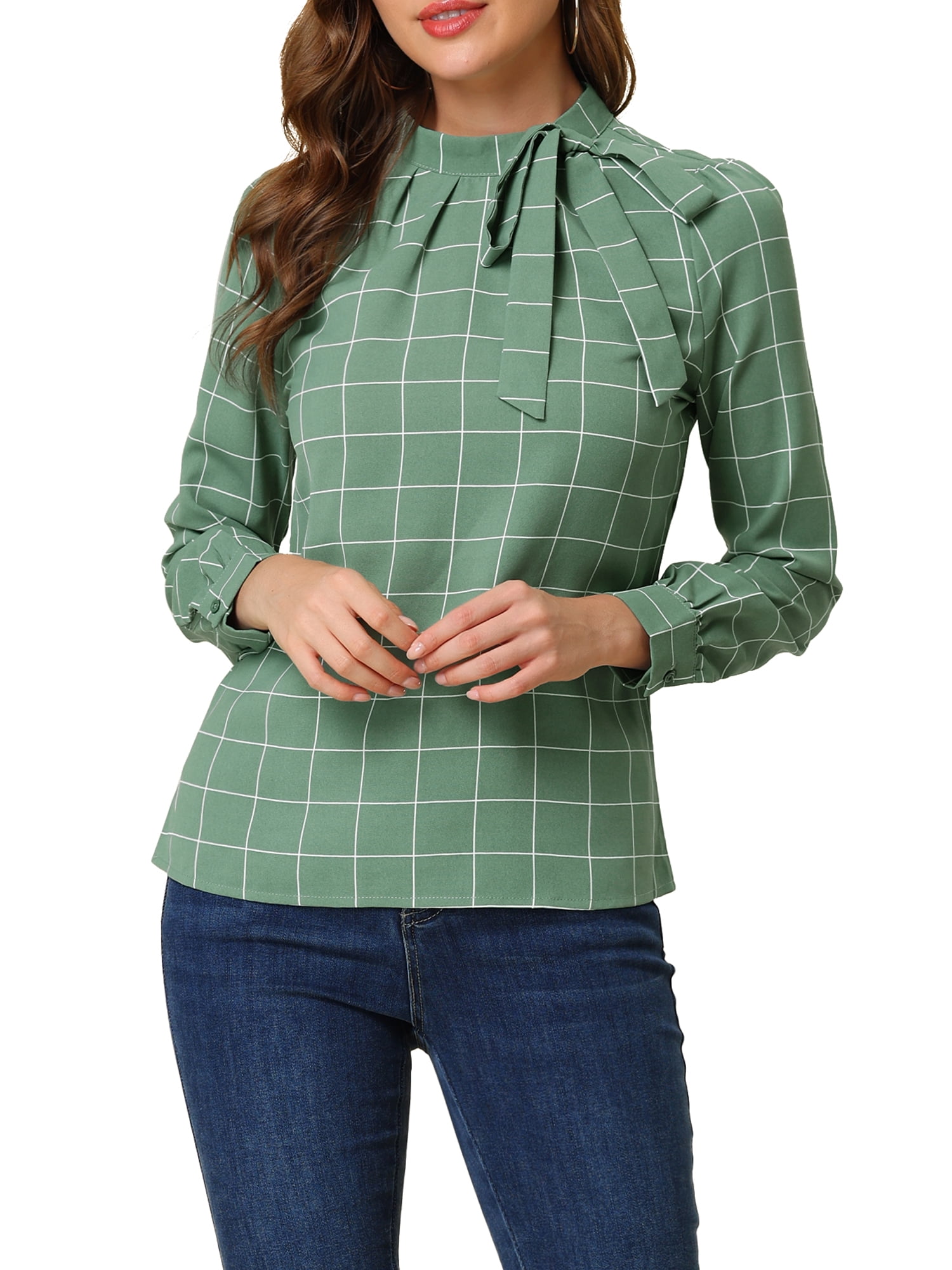 Allegra K Women's Long Sleeve Checks Bow-Tie Neck Office Work Blouse ...