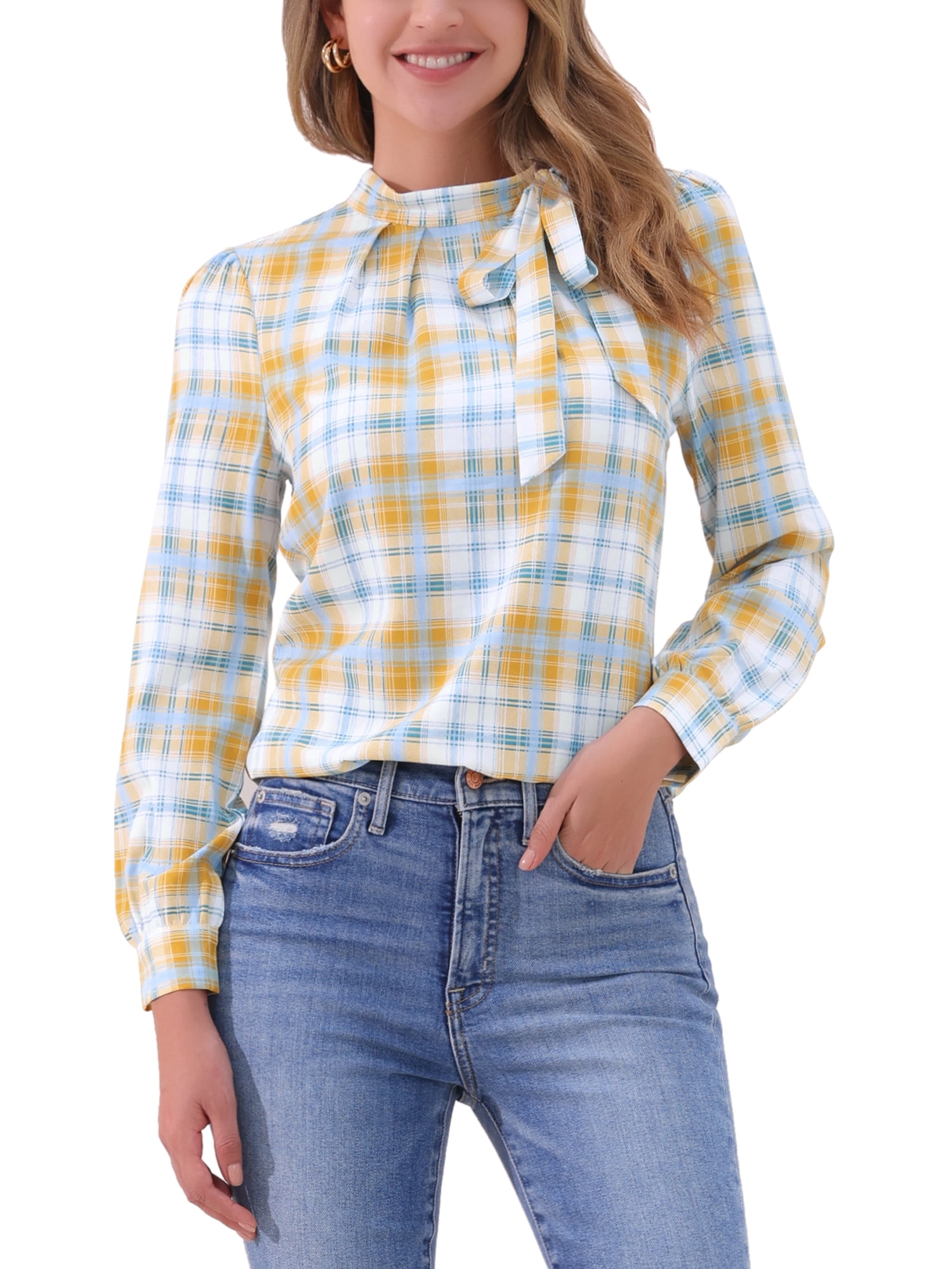 INSPIRE CHIC Women's Wear-to-Work Tops Checks Bow-Tie Neck Long Sleeve ...