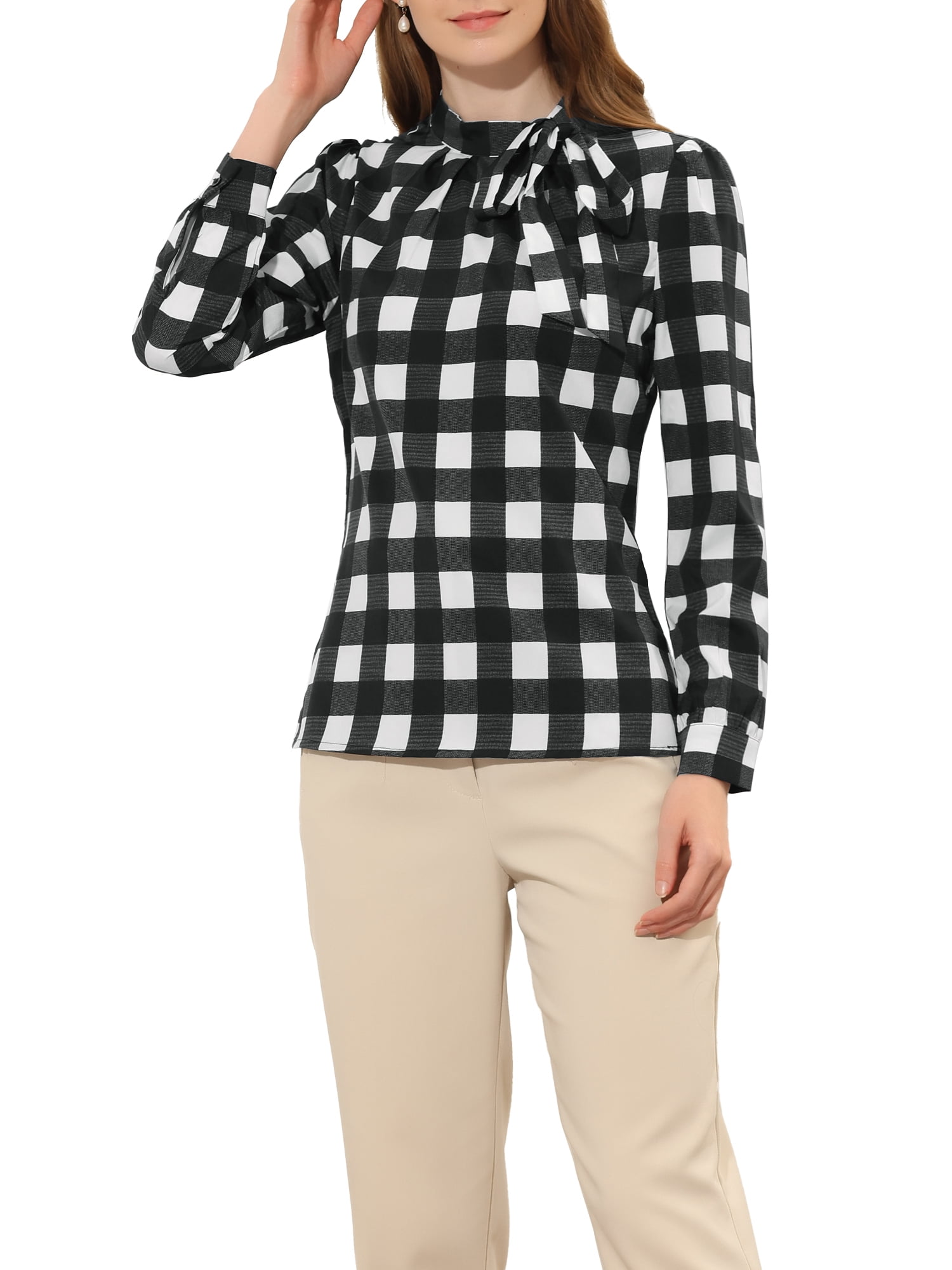 Allegra K Women's Checks Bow-Tie Neck Office Work Blouse Tops XL Blacks ...