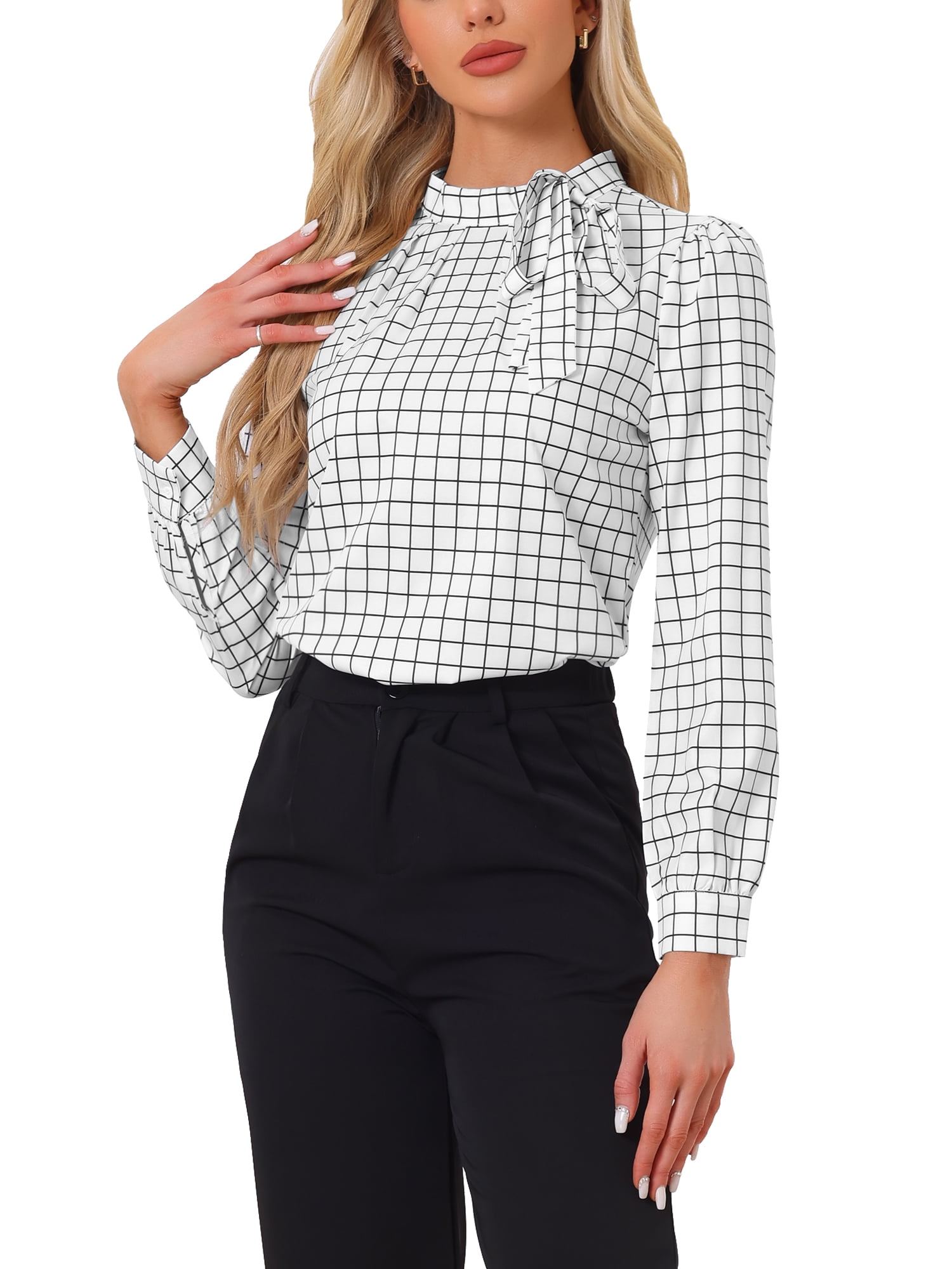 INSPIRE CHIC Women's Checks Bow-Tie Neck Office Work Blouse Tops XL ...