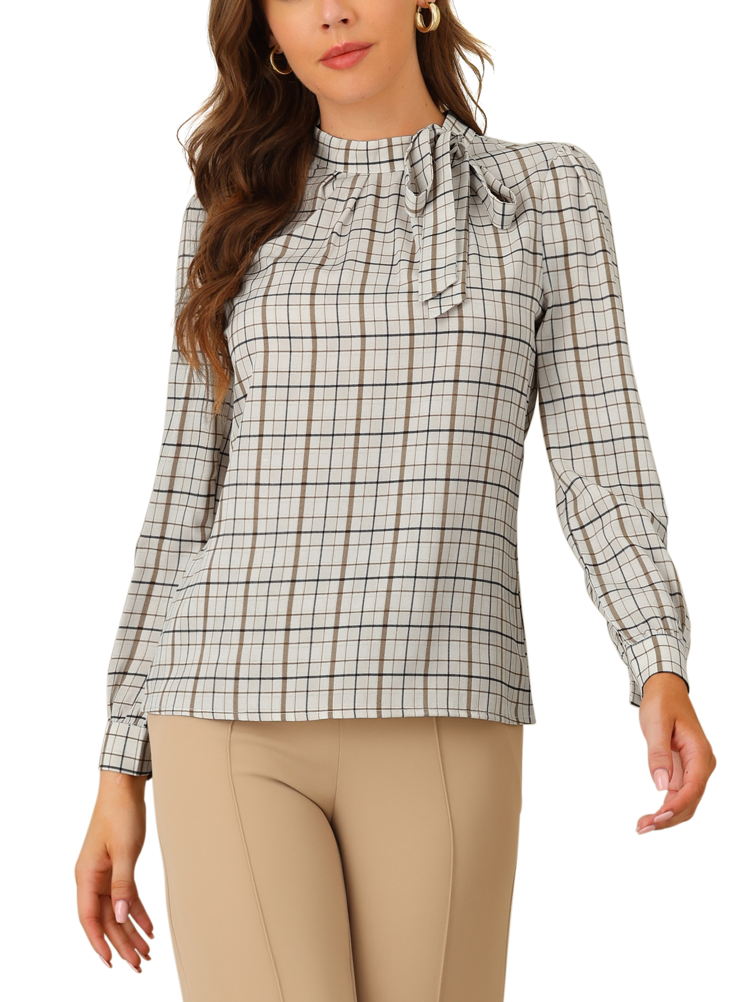 Allegra K Women's Checks Bow-Tie Neck Office Work Blouse Tops - Walmart.com