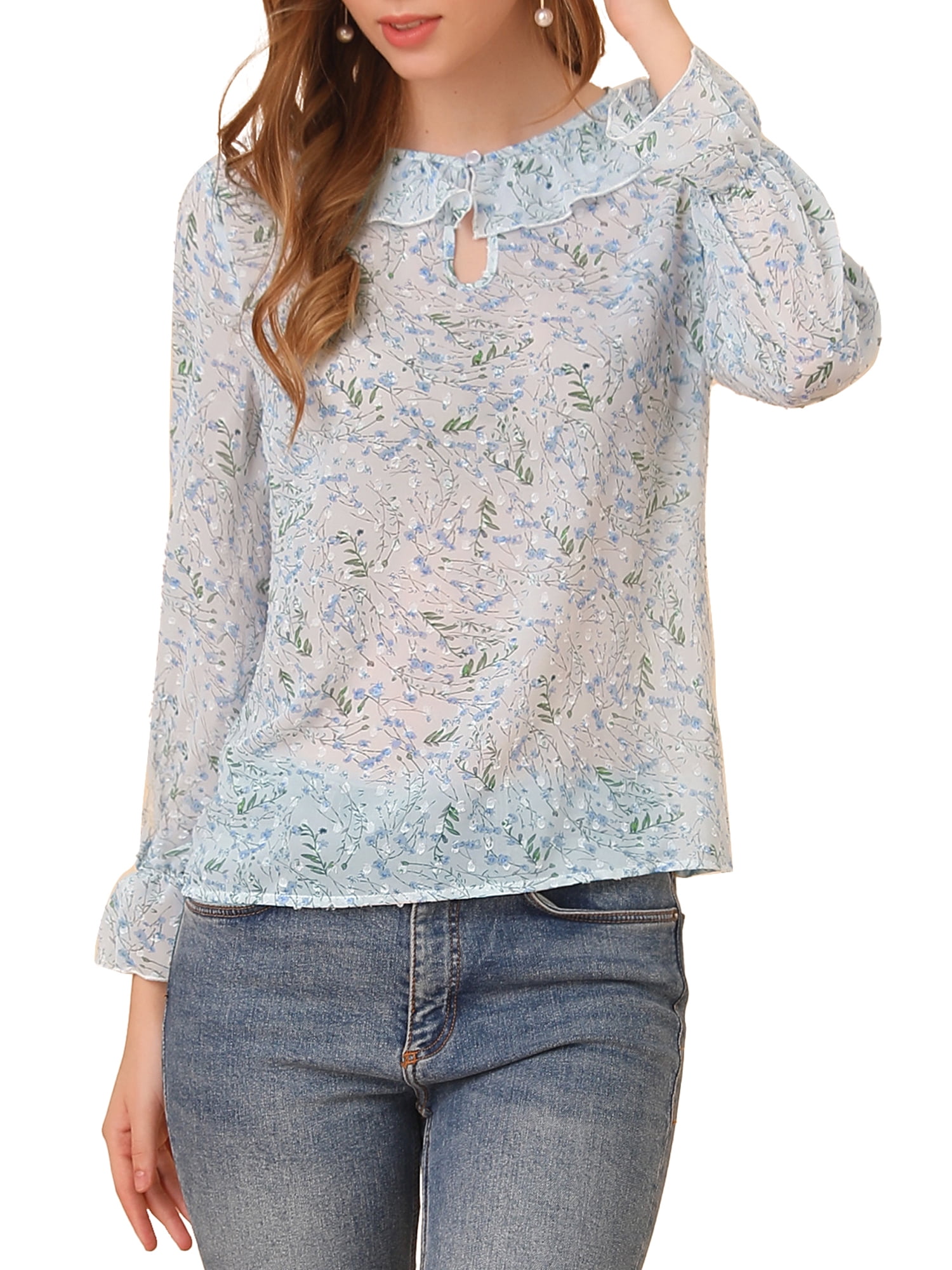 Allegra K Women's Chiffon Blouse Ruffle Front Keyhole Flounce Collar ...