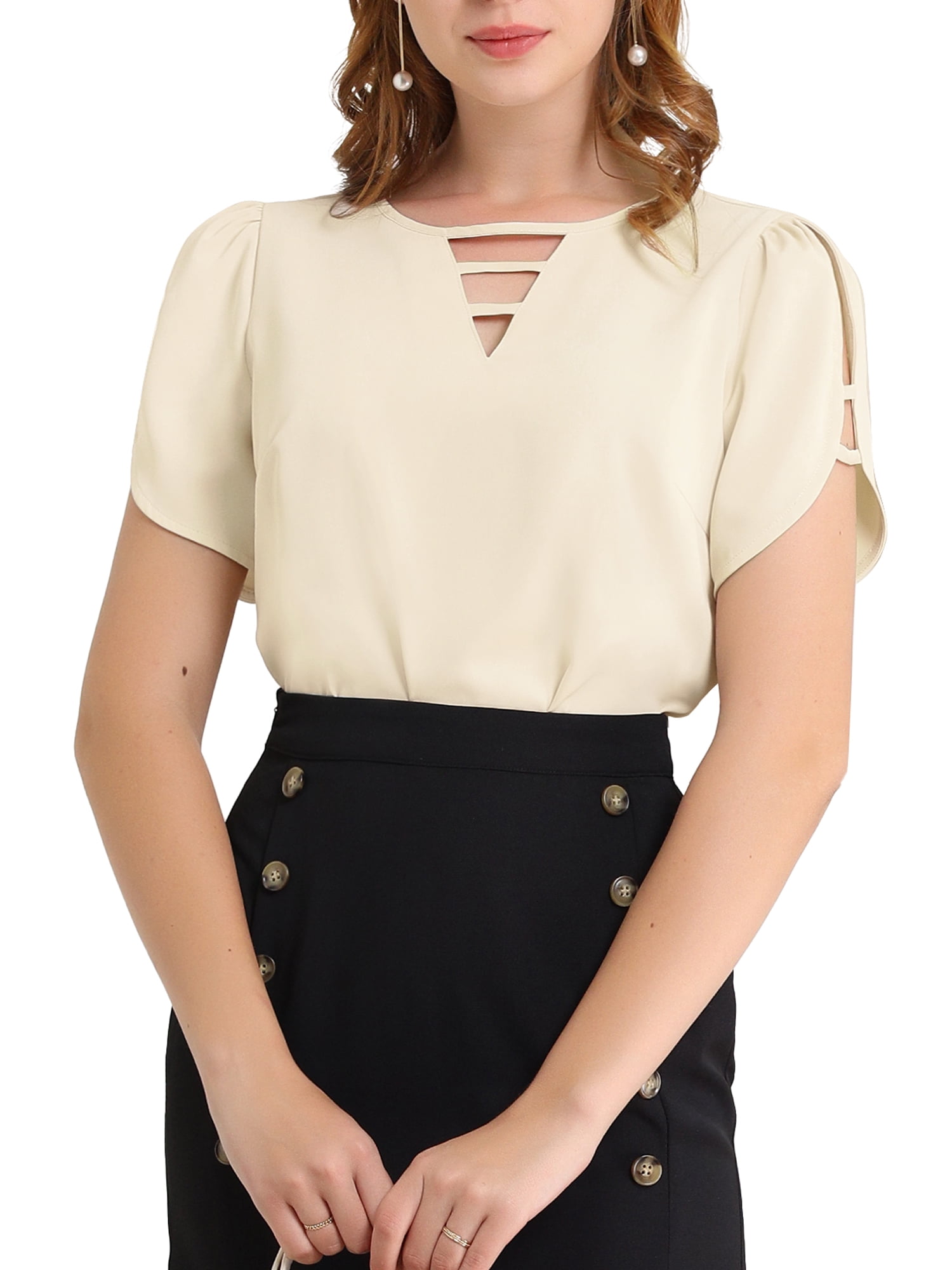 Allegra K Women's Choker V Cut-Out Split-Neck Blouse Casual Slashed ...