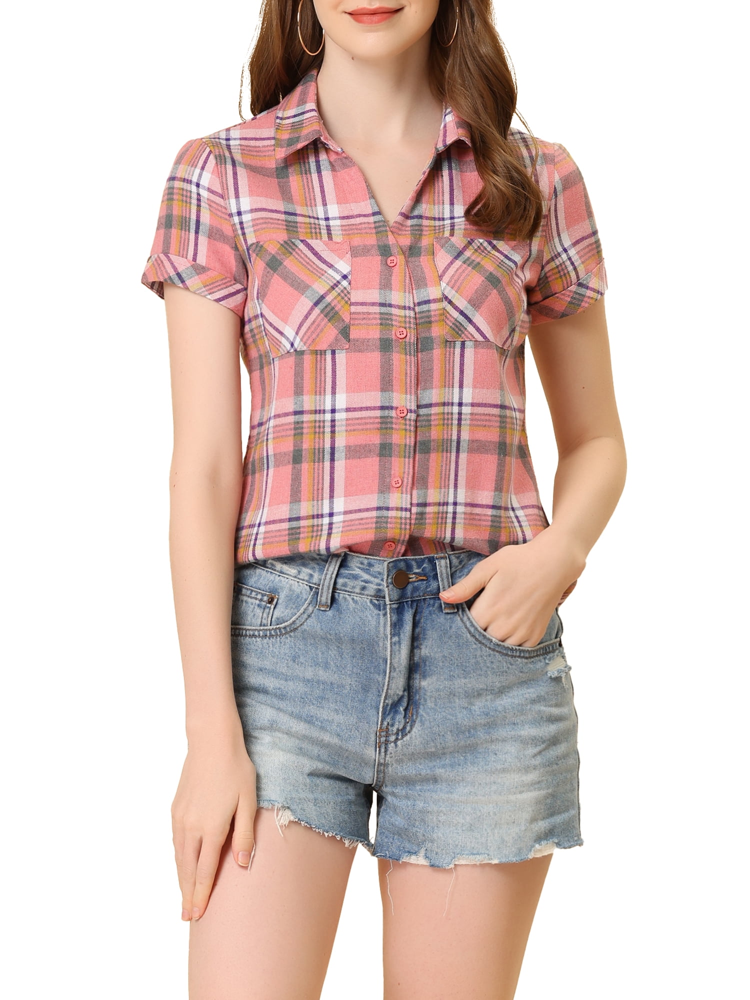 INSPIRE CHIC Women's Plaid Shirts Point Collar Button Down Blouses XS ...