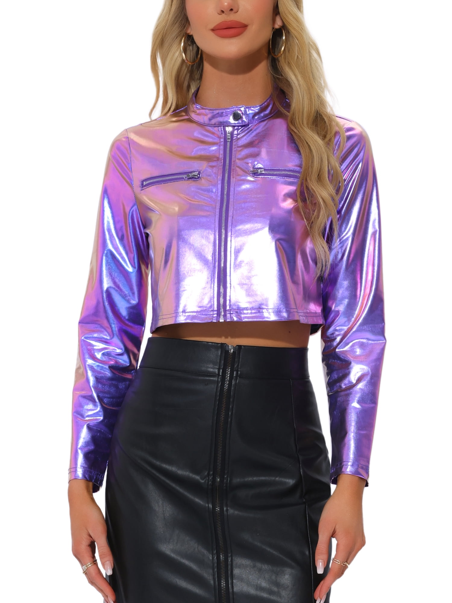 INSPIRE CHIC Women's Cropped Jackets Stand Collar Metallic Zipper Long ...