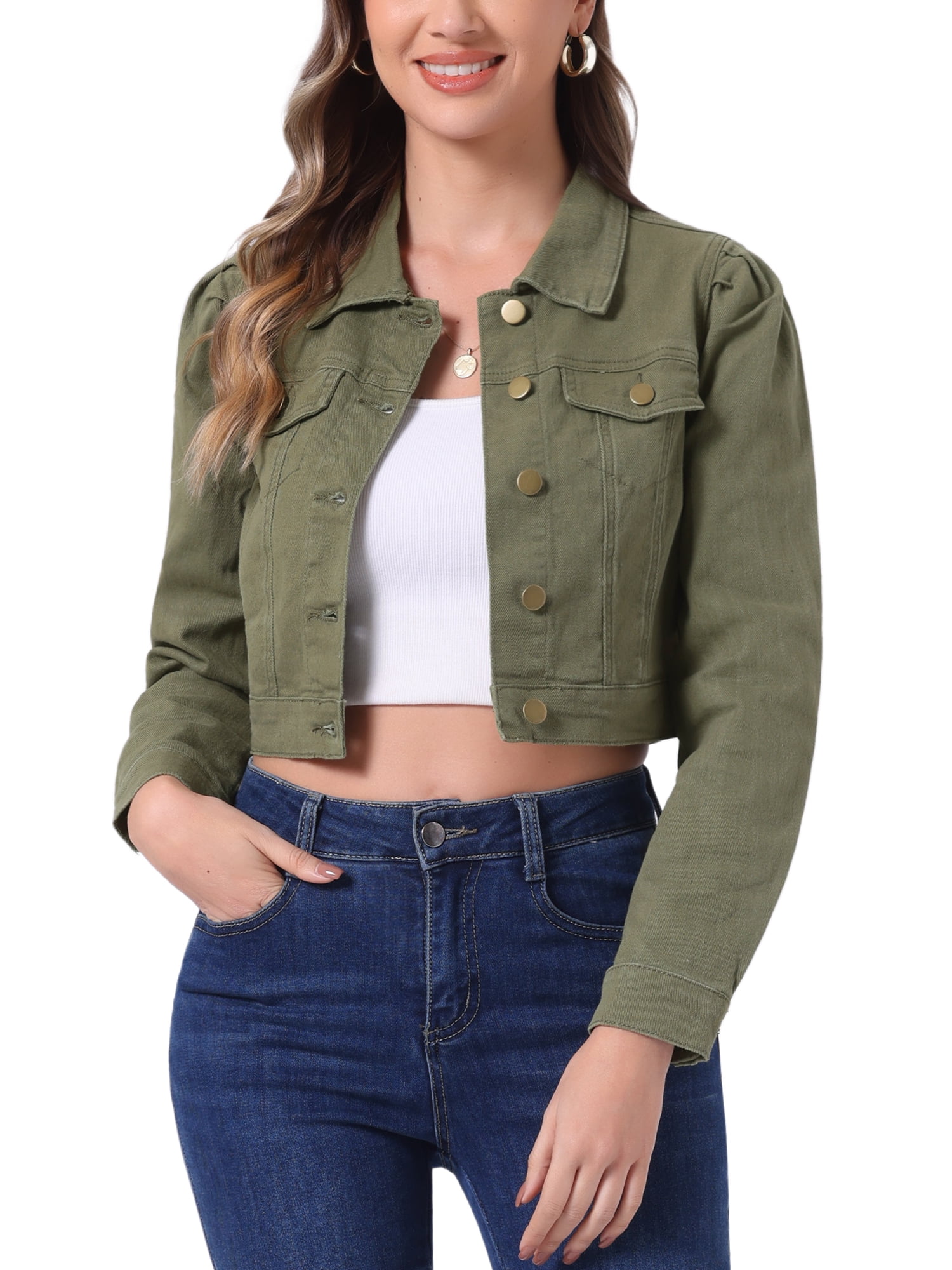 INSPIRE CHIC Women's Classic Casual Puff Sleeve Button Down Cropp Denim ...