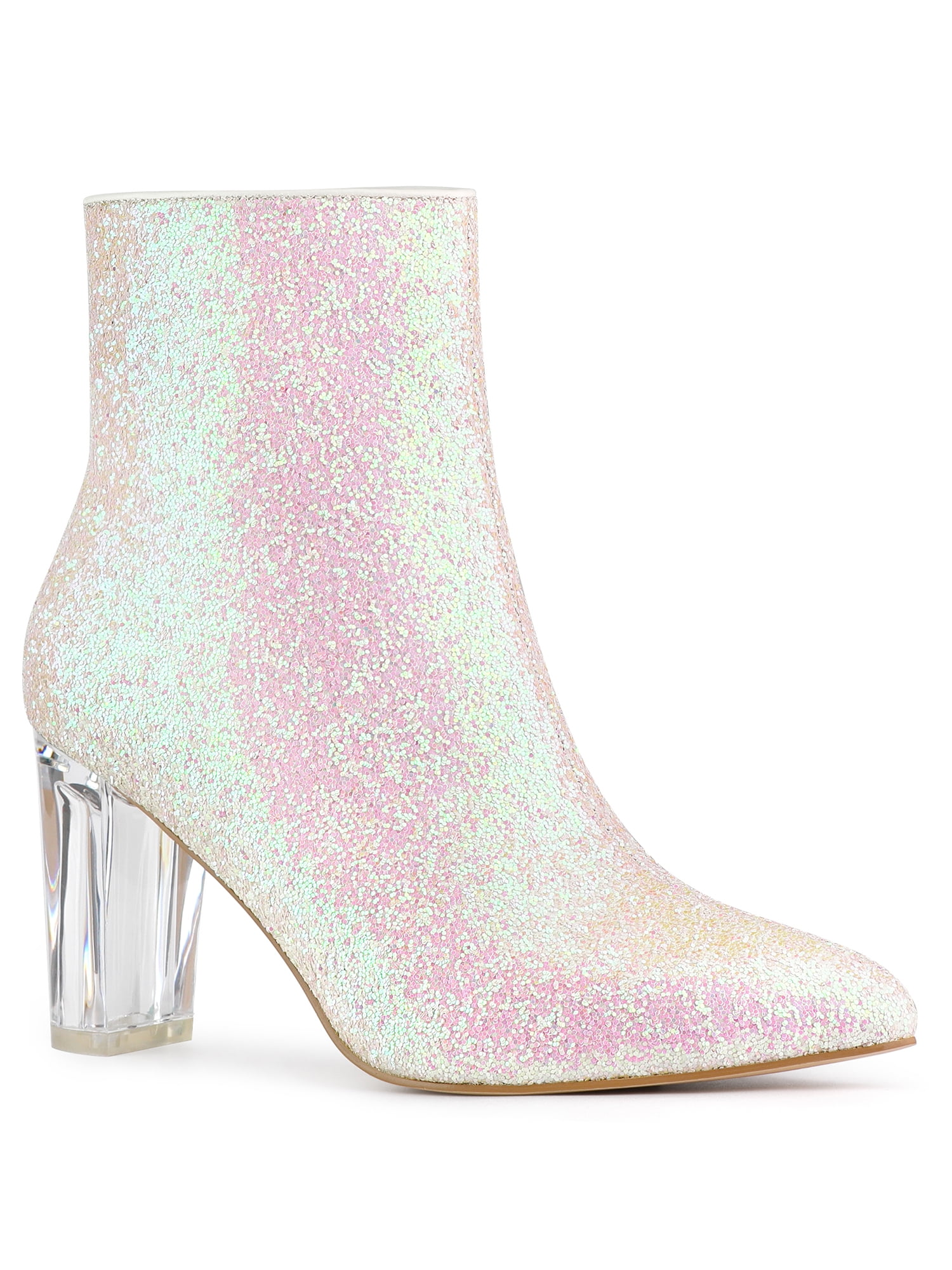 BLISSFUL STEP Women's Clear Block Heel Glitter Prom Ankle Booties Bling ...