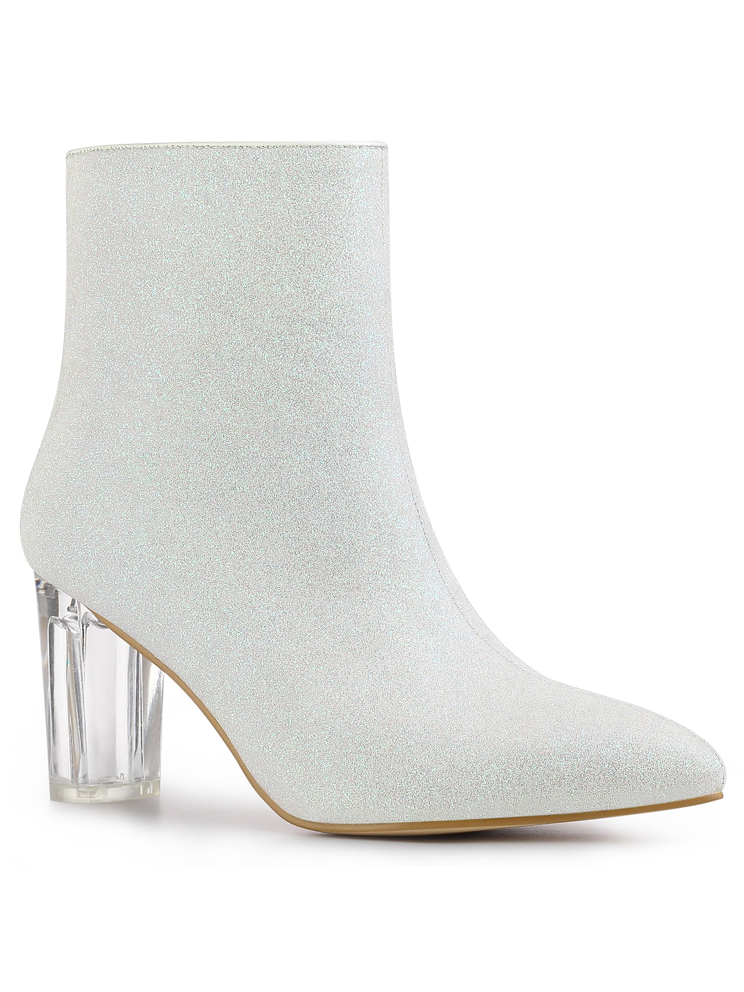 BLISSFUL STEP Women's Clear Block Heel Glitter Prom Ankle Booties White ...