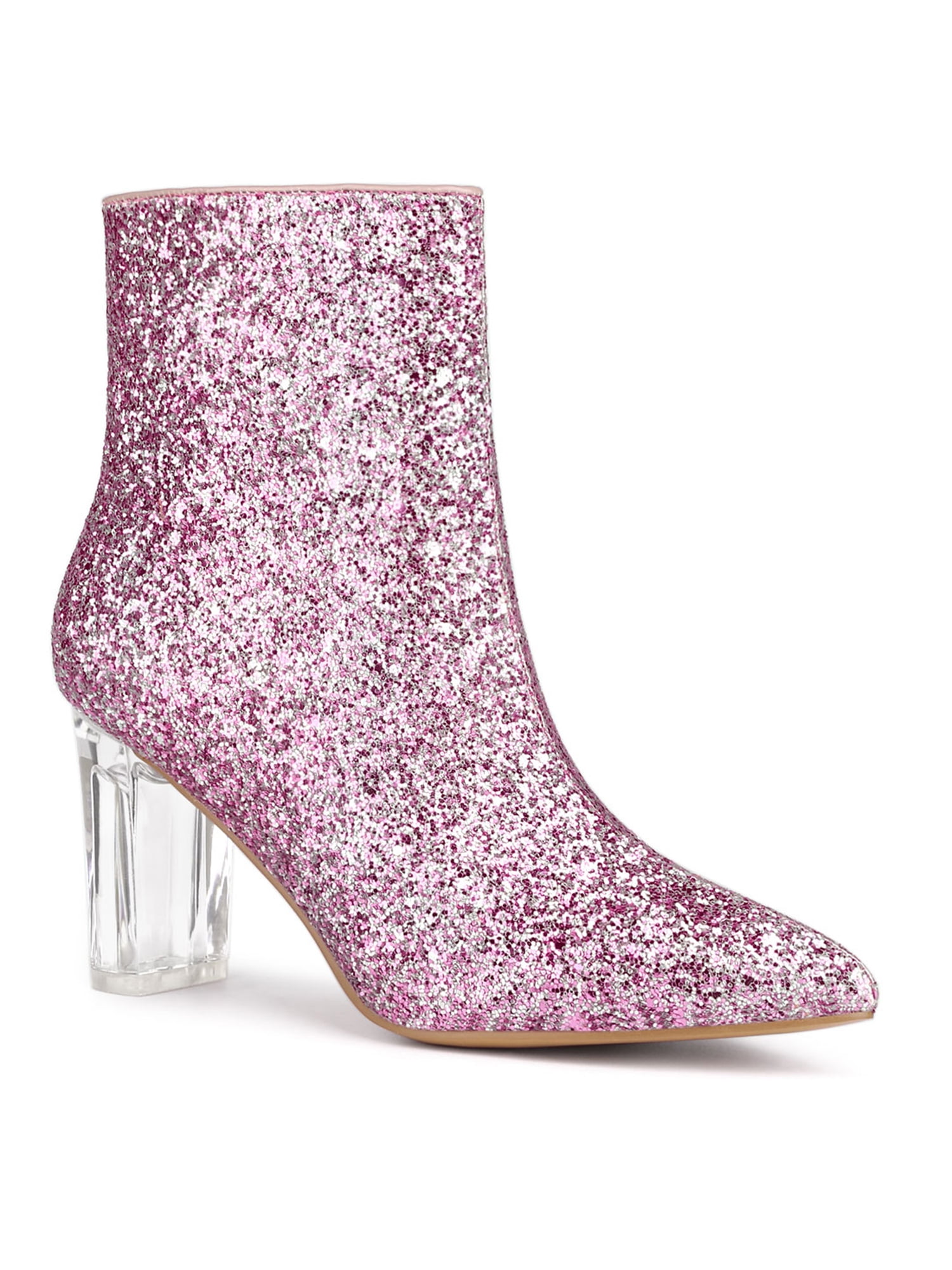 BLISSFUL STEP Women's Clear Block Heel Glitter Prom Ankle Booties Pink ...