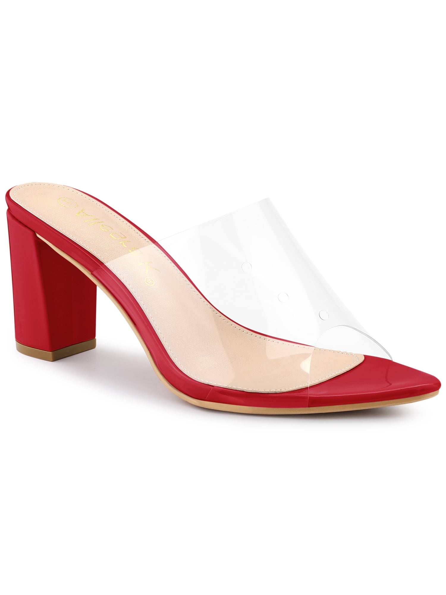 BLISSFUL STEP Women's Clear Point Toe High Block Heel Mules Slides ...