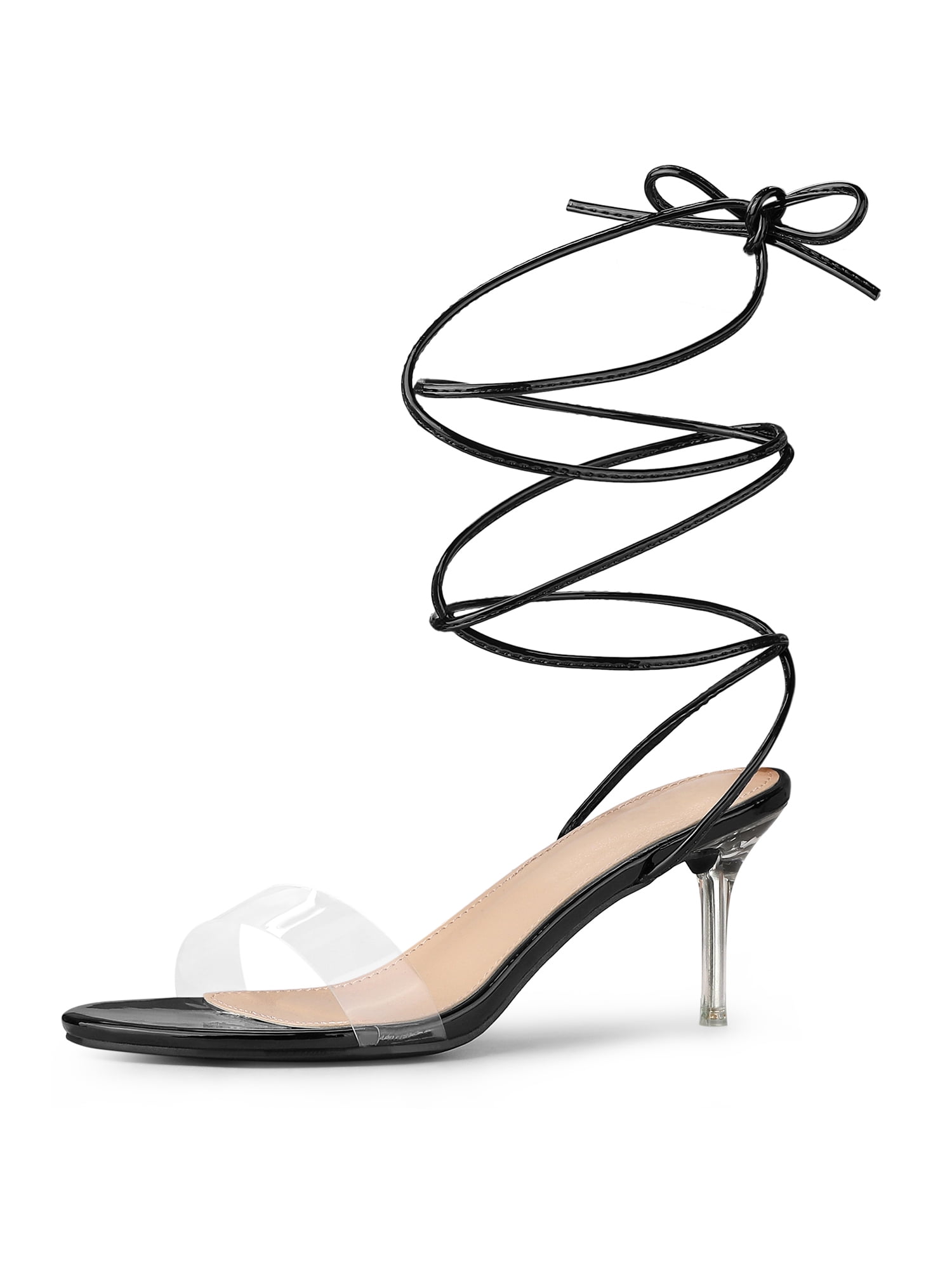 BLISSFUL STEP Women's Clear Strap Lace Up Clear Stiletto Heel Sandals ...