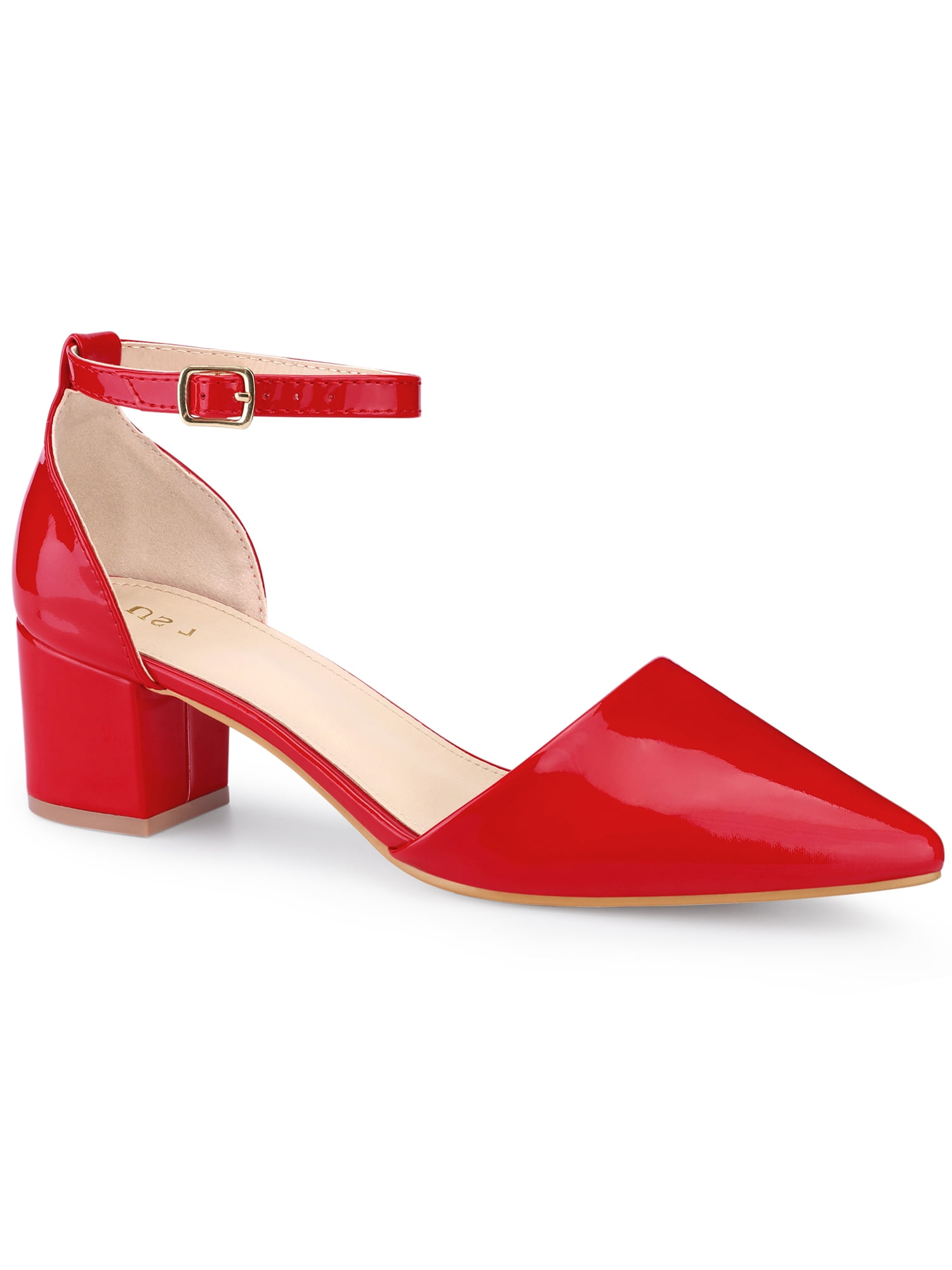 BLISSFUL STEP Women's Closed Pointed Toe Ankle Strap Low Block Heels ...