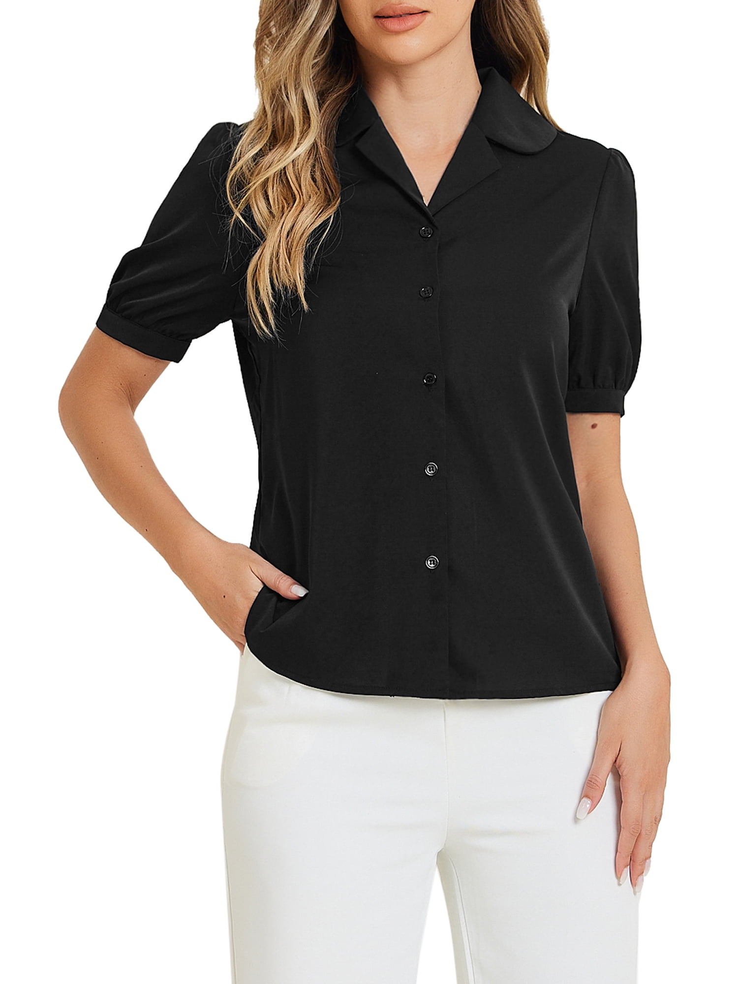 INSPIRE CHIC Women's Collar Top Button Front Short Sleeves to Work ...