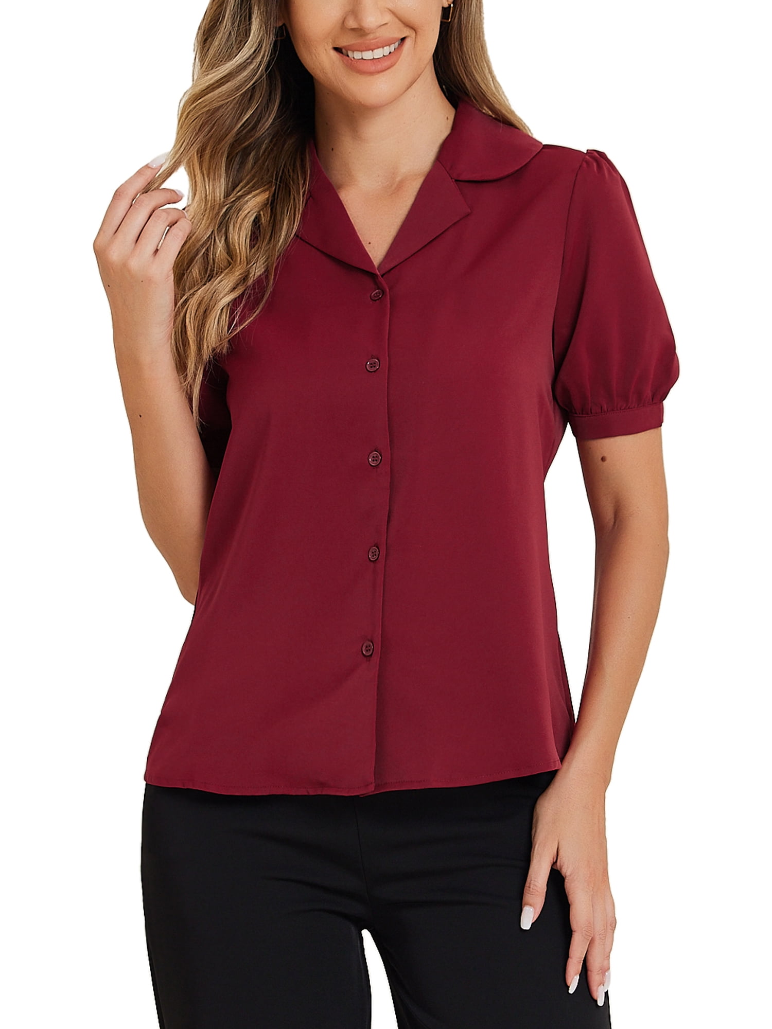 INSPIRE CHIC Women's Collar Top Button Front Short Sleeves to Work ...