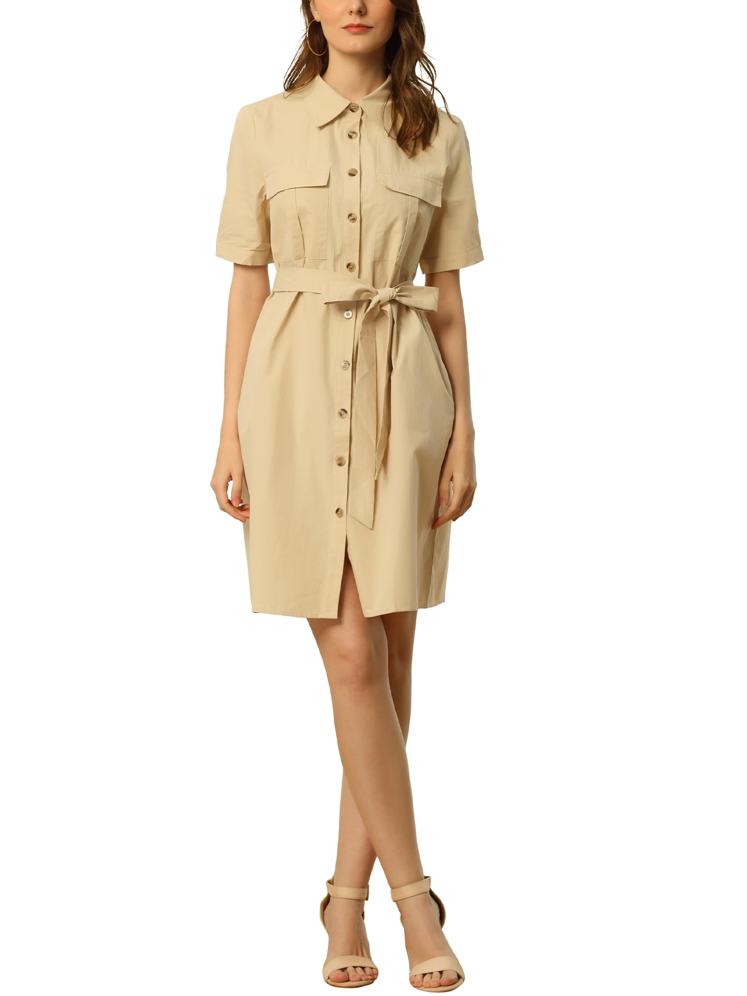 INSPIRE CHIC Women's Collared Short Sleeve Safari Pocket Belt Button up ...