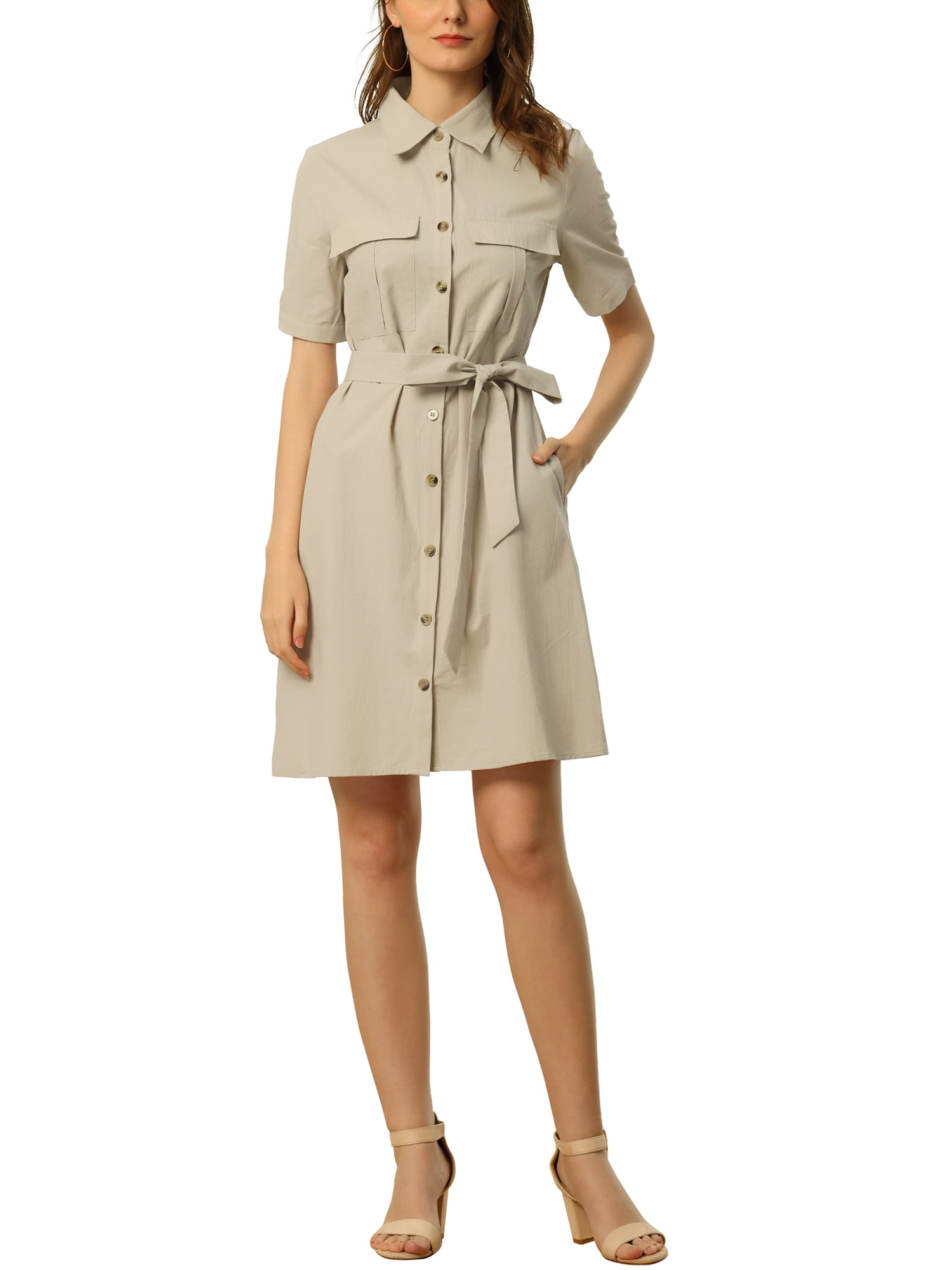 INSPIRE CHIC Women's Collared Short Sleeve Safari Pocket Belt Button up ...