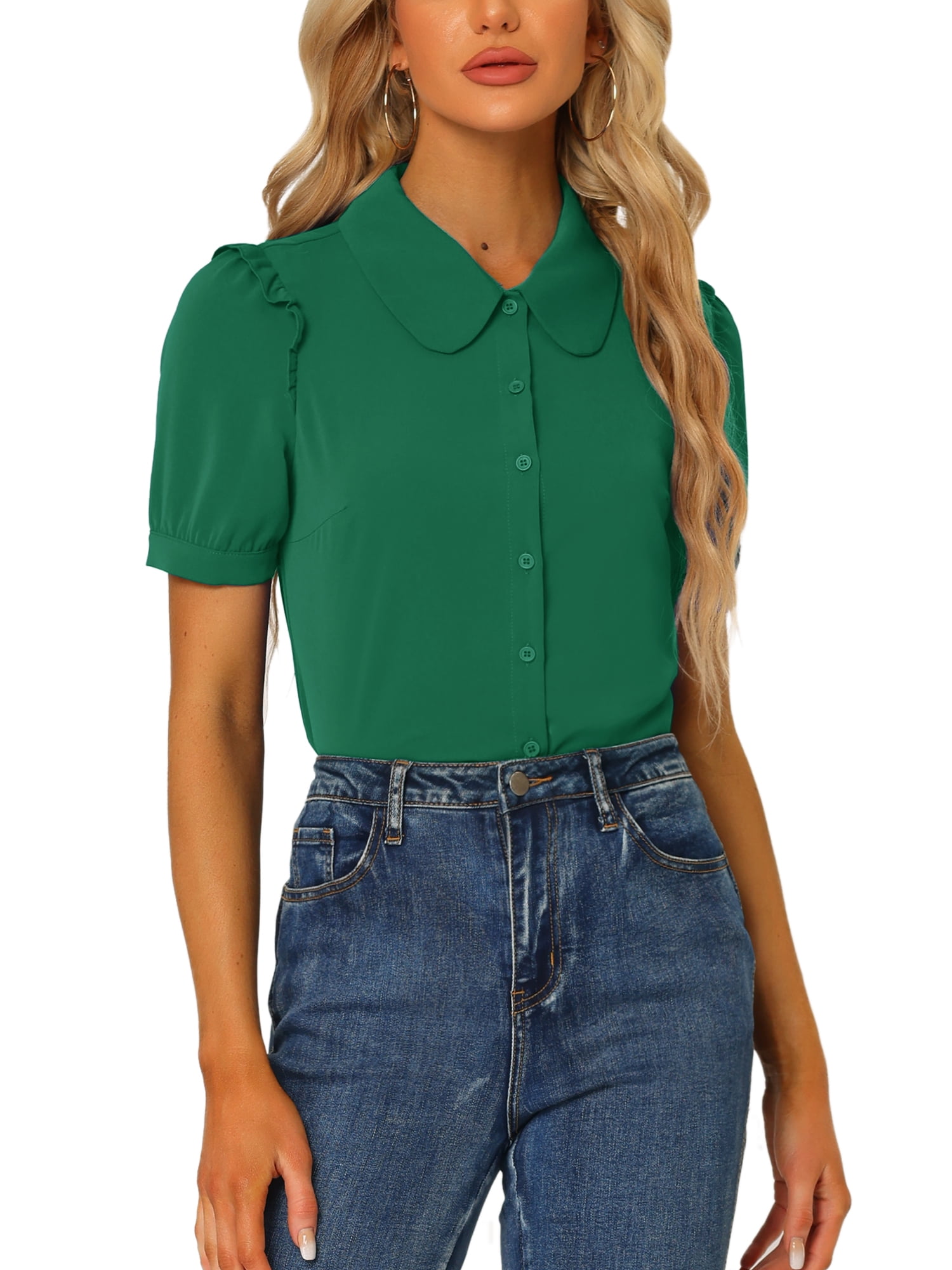 Allegra K Women's Collared Top Peter Pan Collar Short Sleeve Button ...