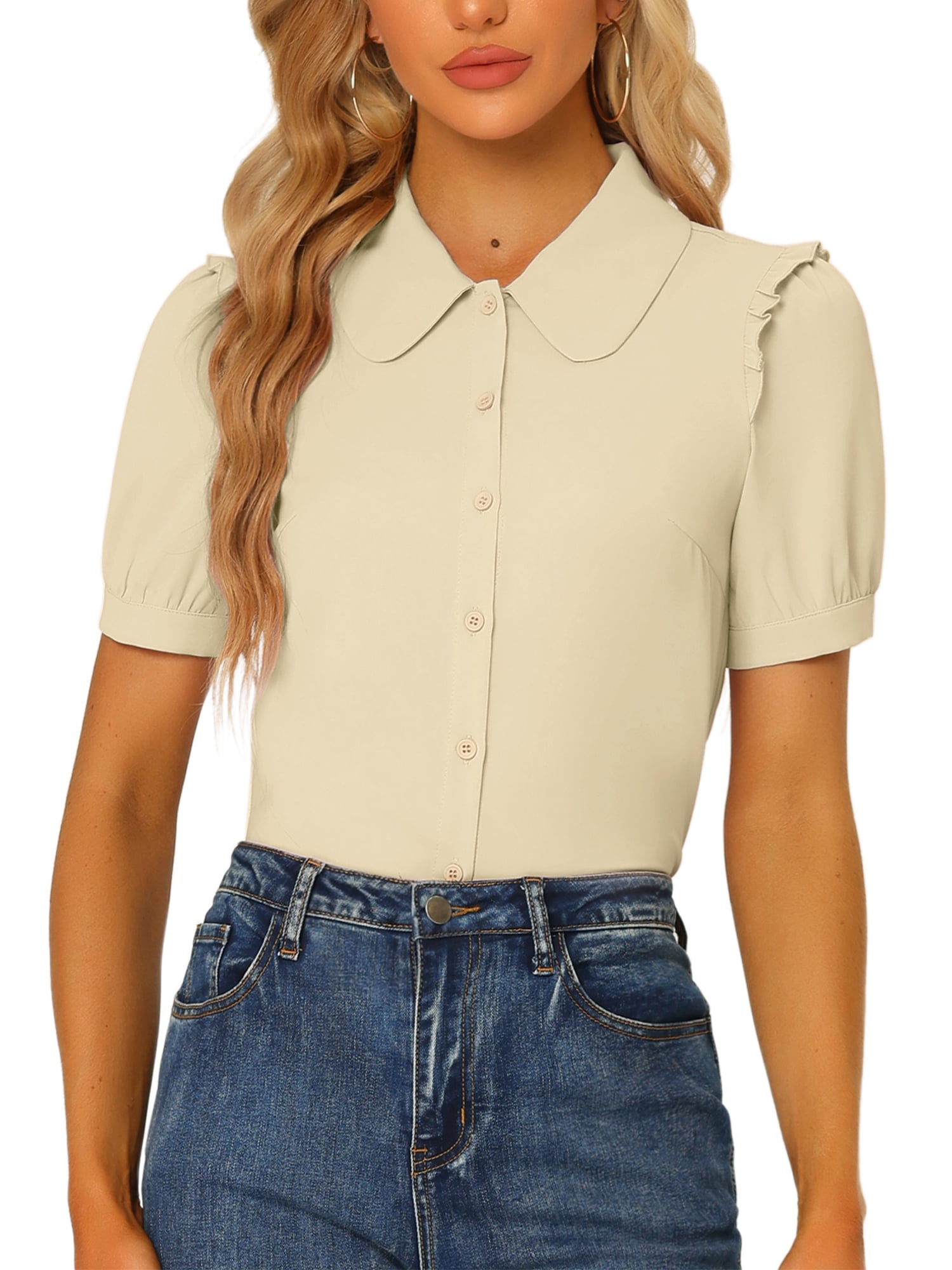 INSPIRE CHIC Women's Collared Top Peter Pan Collar Short Sleeve Button ...