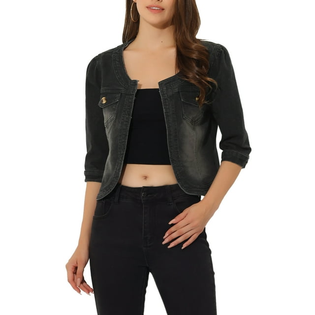 Allegra K Women's Collarless Round Neck 3/4 Sleeve Open Front Short ...