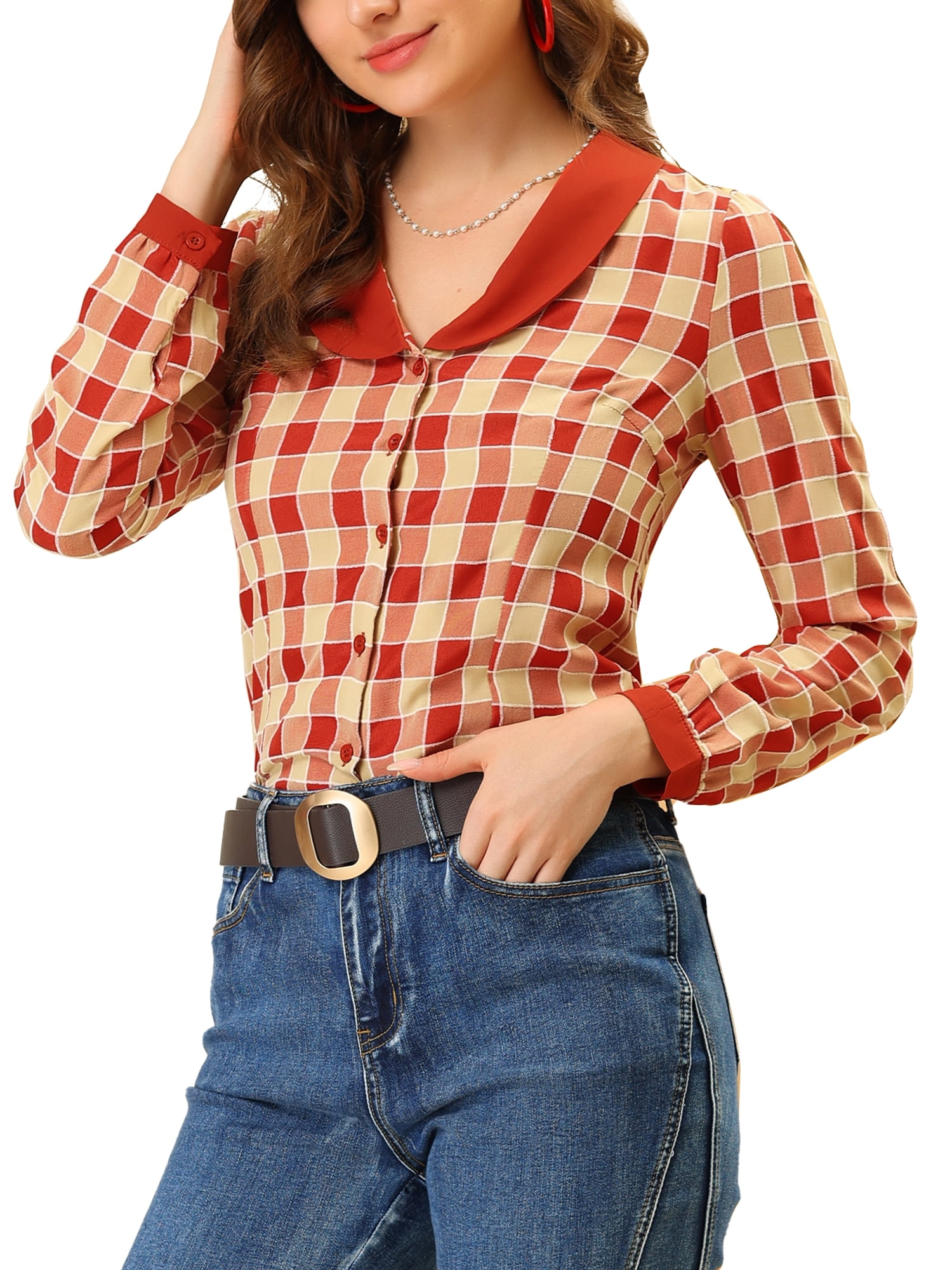 INSPIRE CHIC Women's Contrast Collared Long Sleeve Button Down Plaid ...