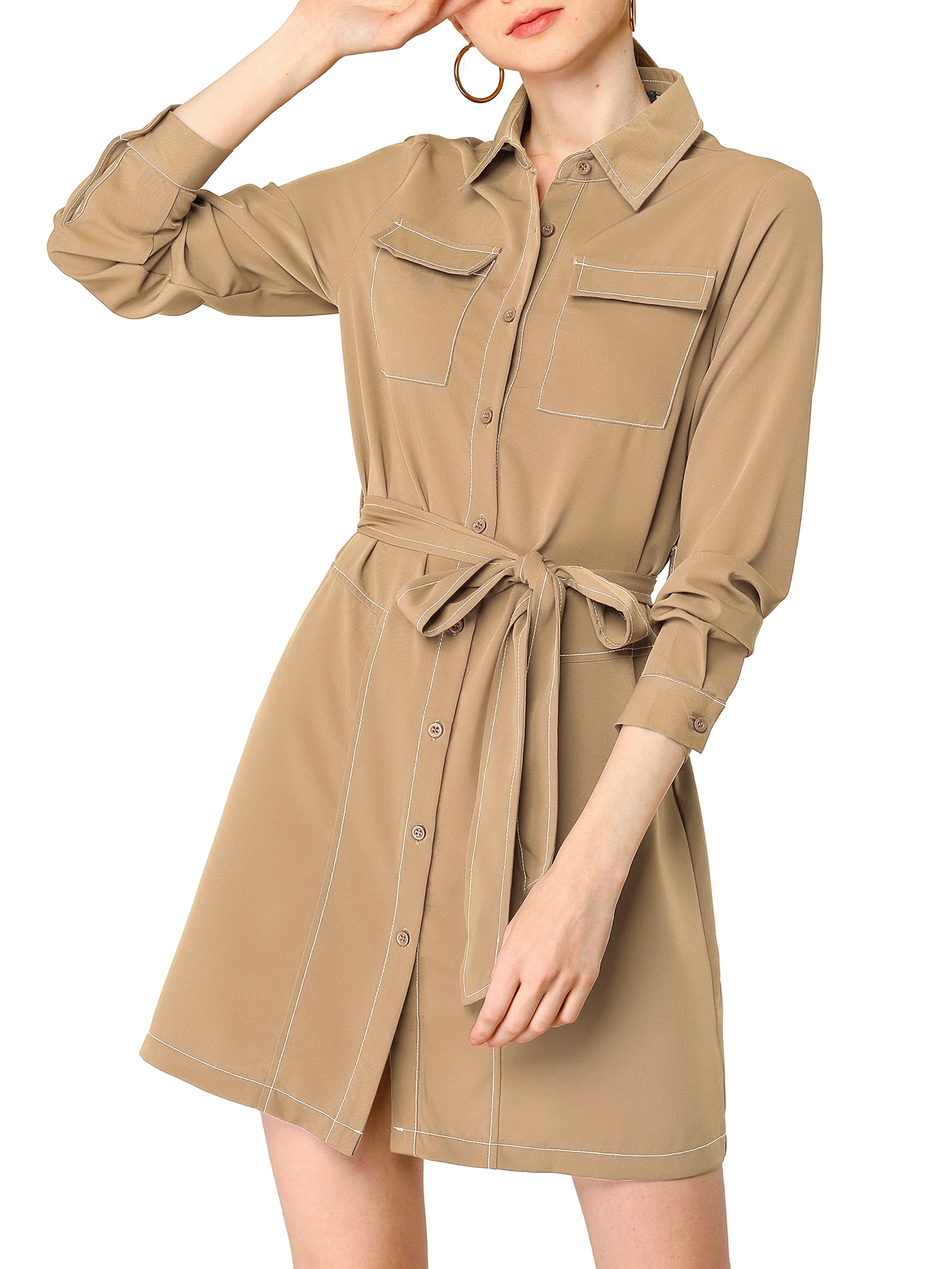 Allegra K Women's Contrast Line Long Sleeves Belted Waist Dress with ...