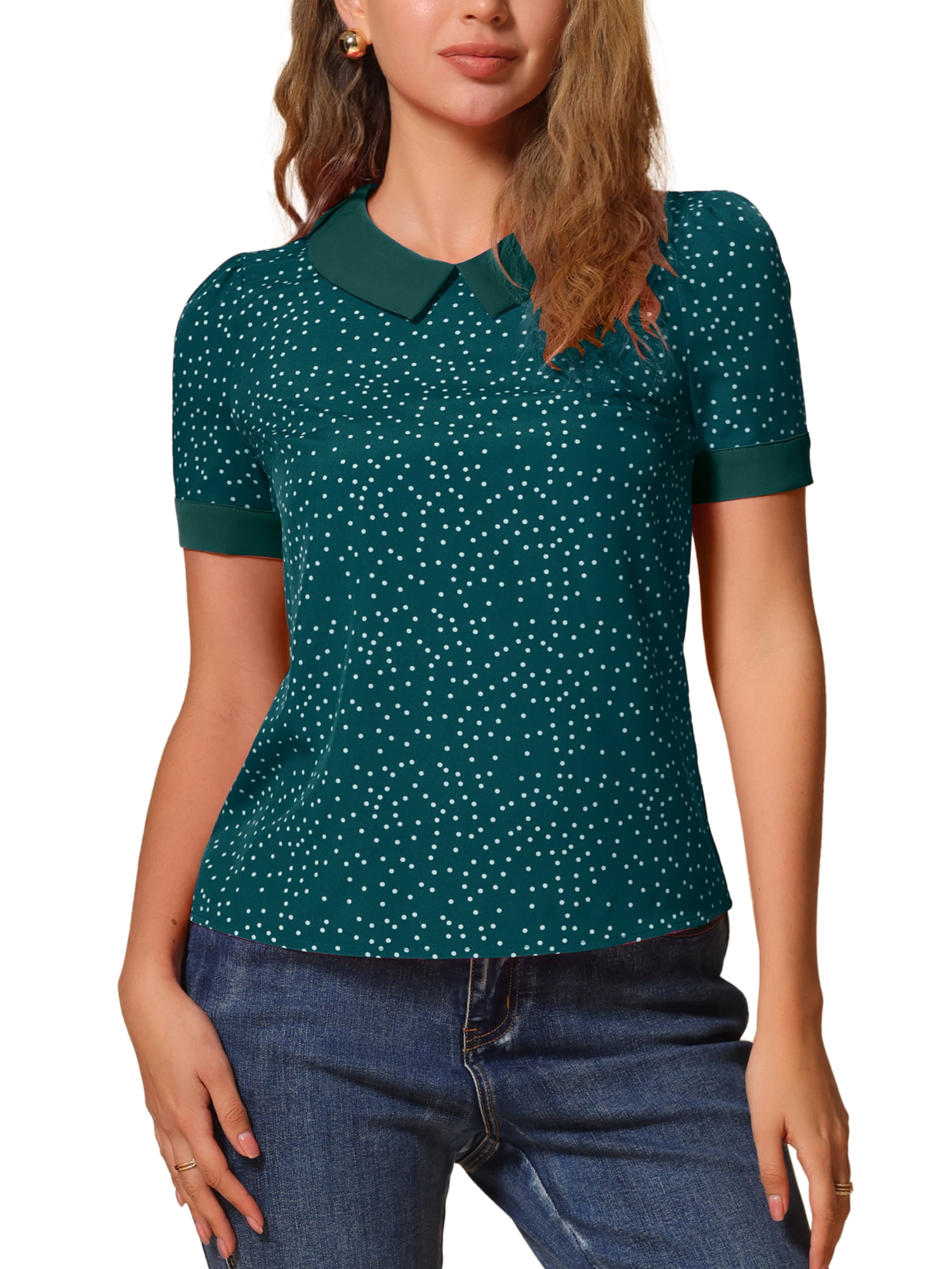 INSPIRE CHIC Women's Contrast Peter Pan Collar Polka Dots Short Sleeve ...