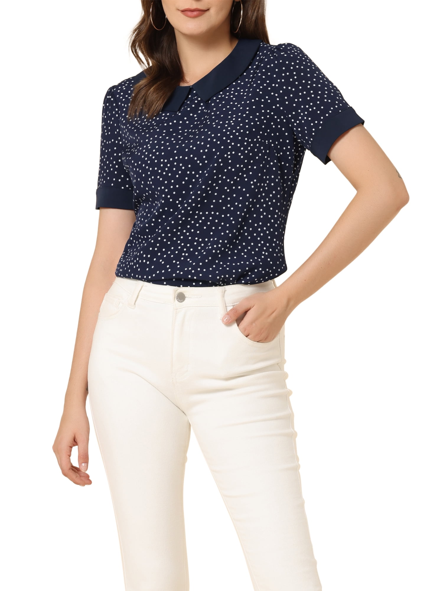 INSPIRE CHIC Women's Contrast Peter Pan Collar Polka Dots Short Sleeve ...