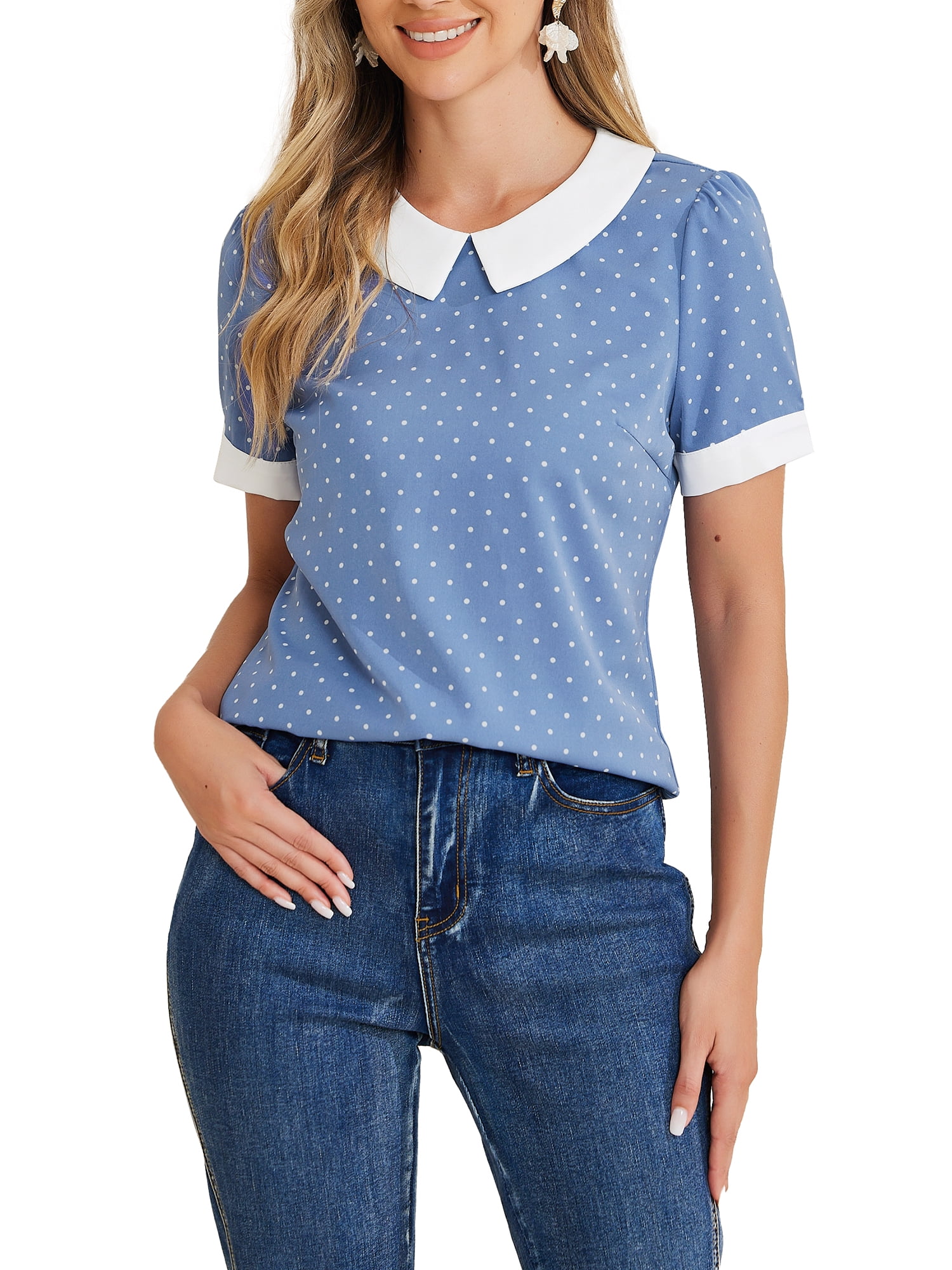 Allegra K Women's Contrast Peter Pan Collar Polka Dots Short Sleeve ...
