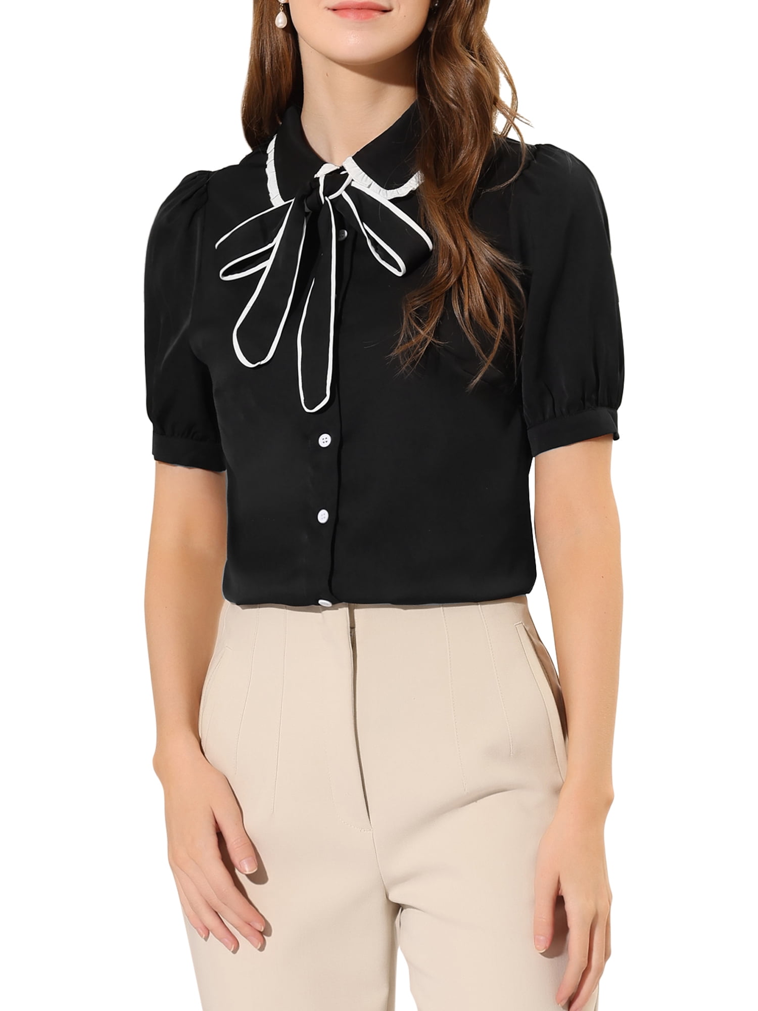 INSPIRE CHIC Women's Contrast Peter Pan Collar Shirt Puff Sleeve Button ...