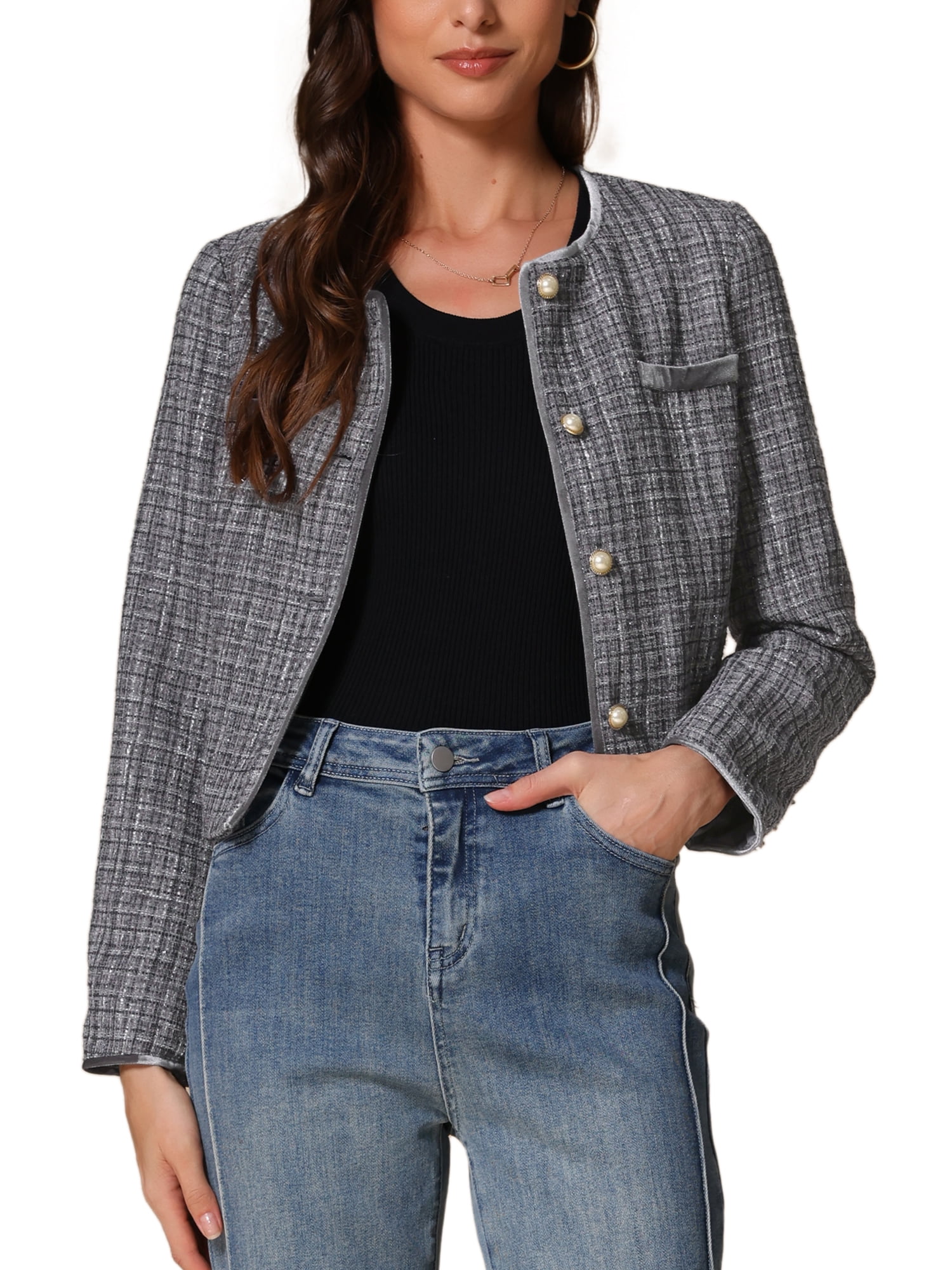 INSPIRE CHIC Women's Costume Round Neck Button Front Closure Long Sleeve Tweed Jacket S Black ...