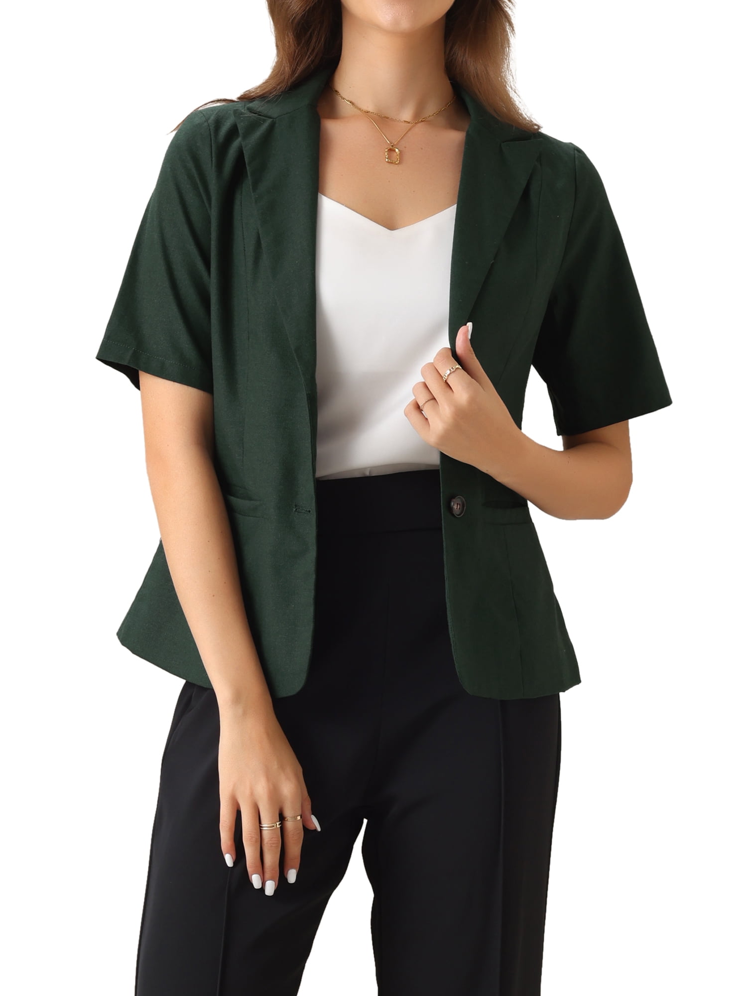 INSPIRE CHIC Women's Cotton Linen Blazer Button Office Business Short Sleeve Blazer L Dark Green ...
