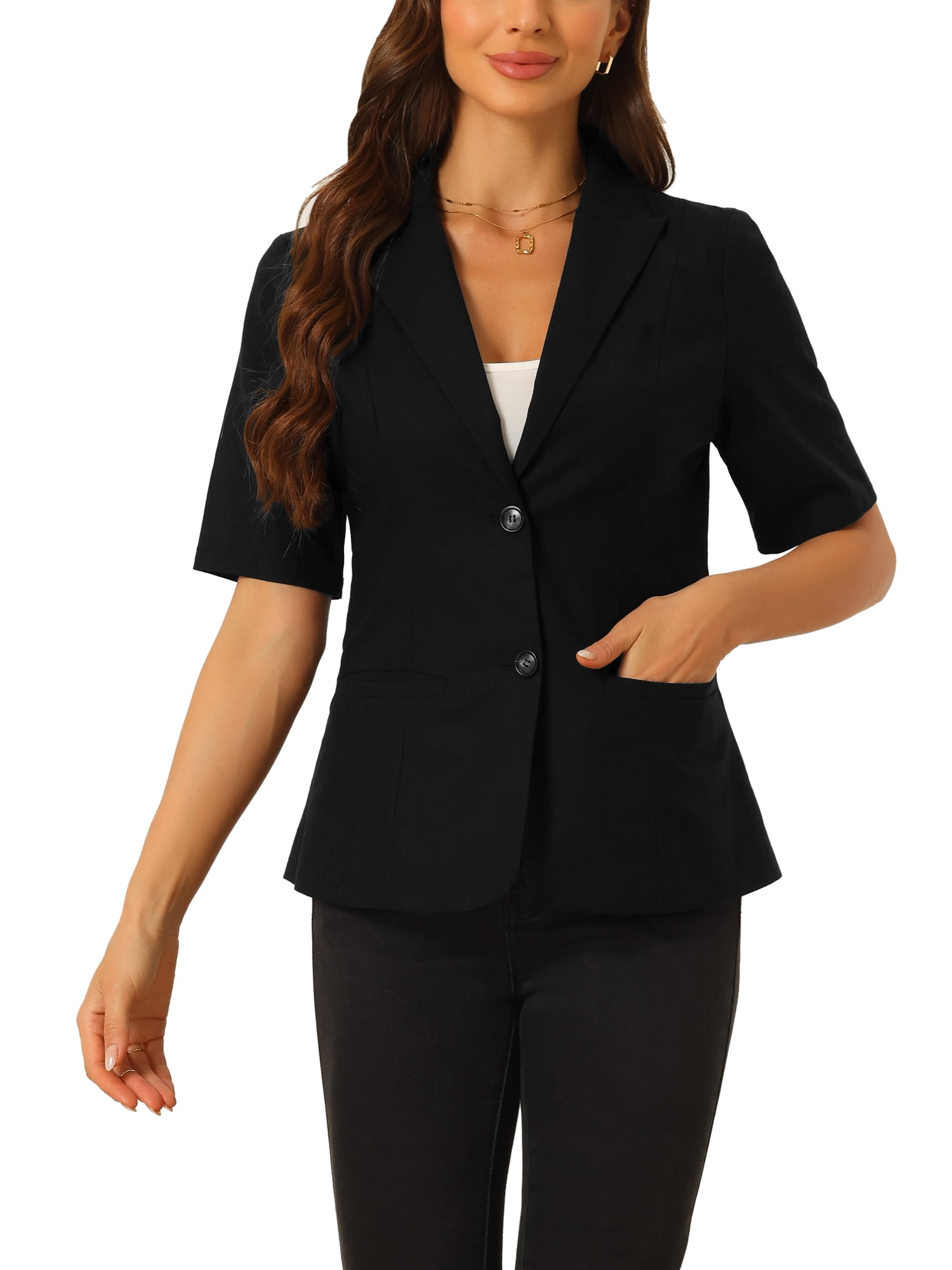 Allegra K Women's Cotton Linen Blazer Button Office Business Short Sleeve Blazer M Black ...
