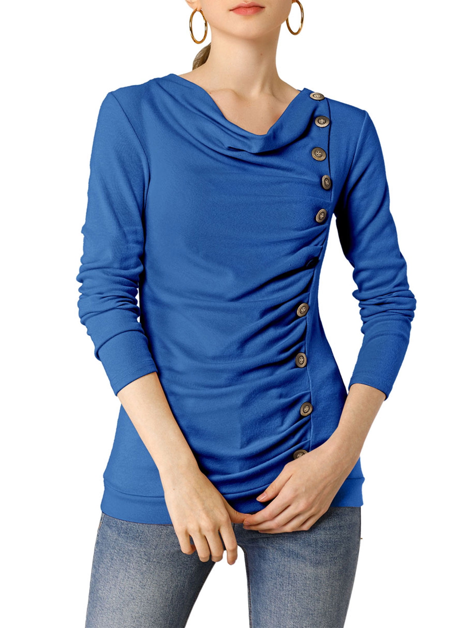 Allegra K Women's Cowl Neck Buttons Decor Long Sleeves Ruched Blouse ...